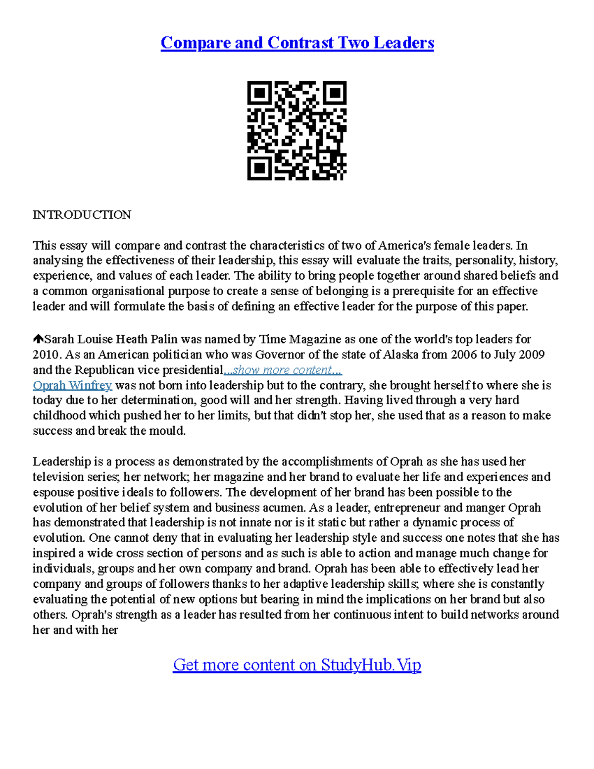 Comparison Essay Example Introduction - Compare and Contrast Two ...