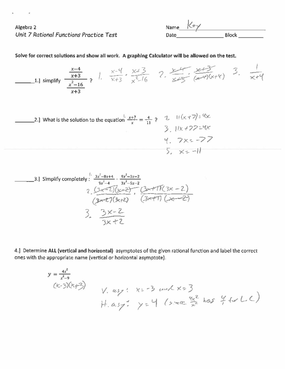 Algebra 2 Unit 7 Practice Test Key MATH 113 Studocu