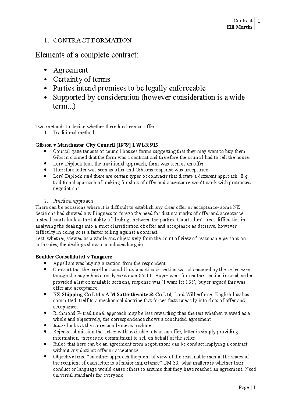 Contract - CONTRACT FORMATION Elements of a complete contract ...
