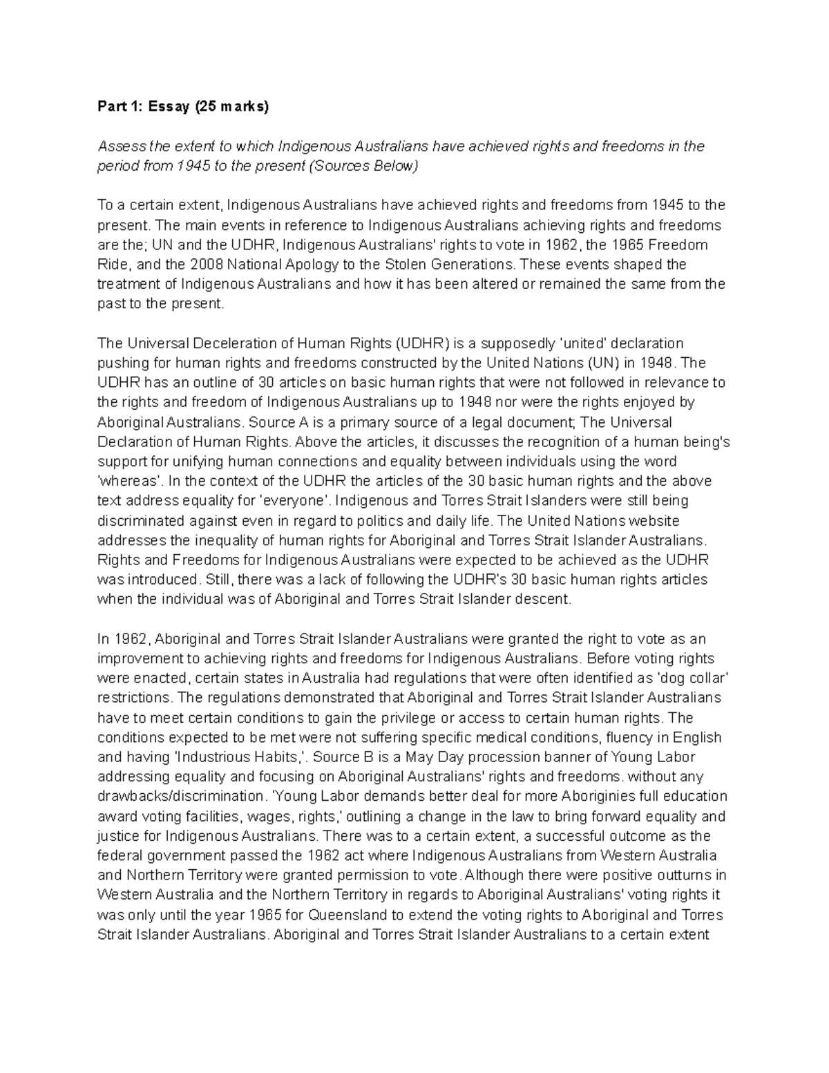 Civil Rights and Freedoms Assessment Task - Part 1: Essay (25 marks ...