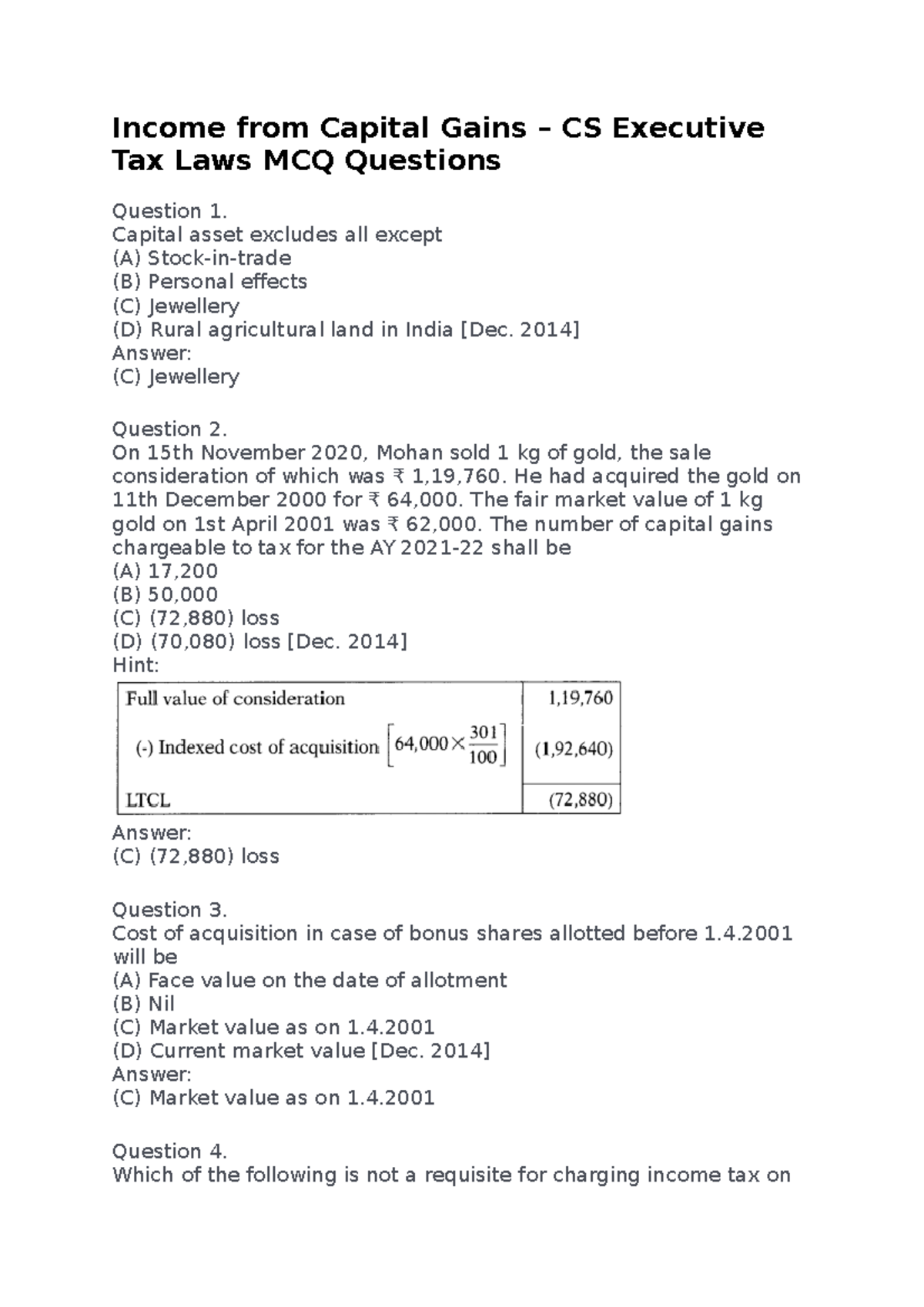 Income from Capital Gains MCQ - Income from Capital Gains – CS ...