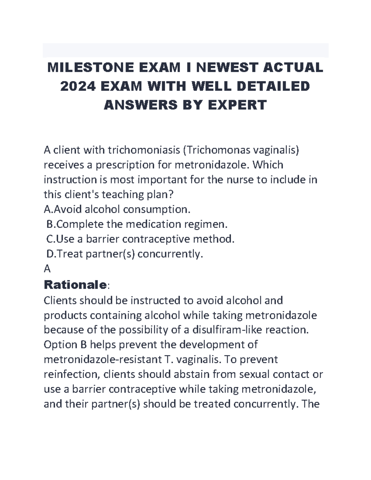 Milestone EXAM I Newest Actual 2024 EXAM WITH WELL Detailed Answers BY ...