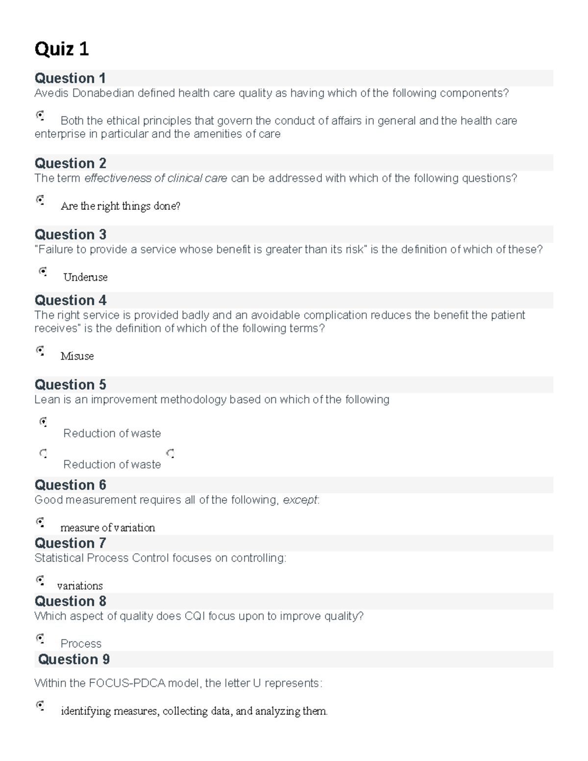 Quiz 1 - Quiz 1 Quality Improvement Basics Buchbinder et al. Ch 7 ...