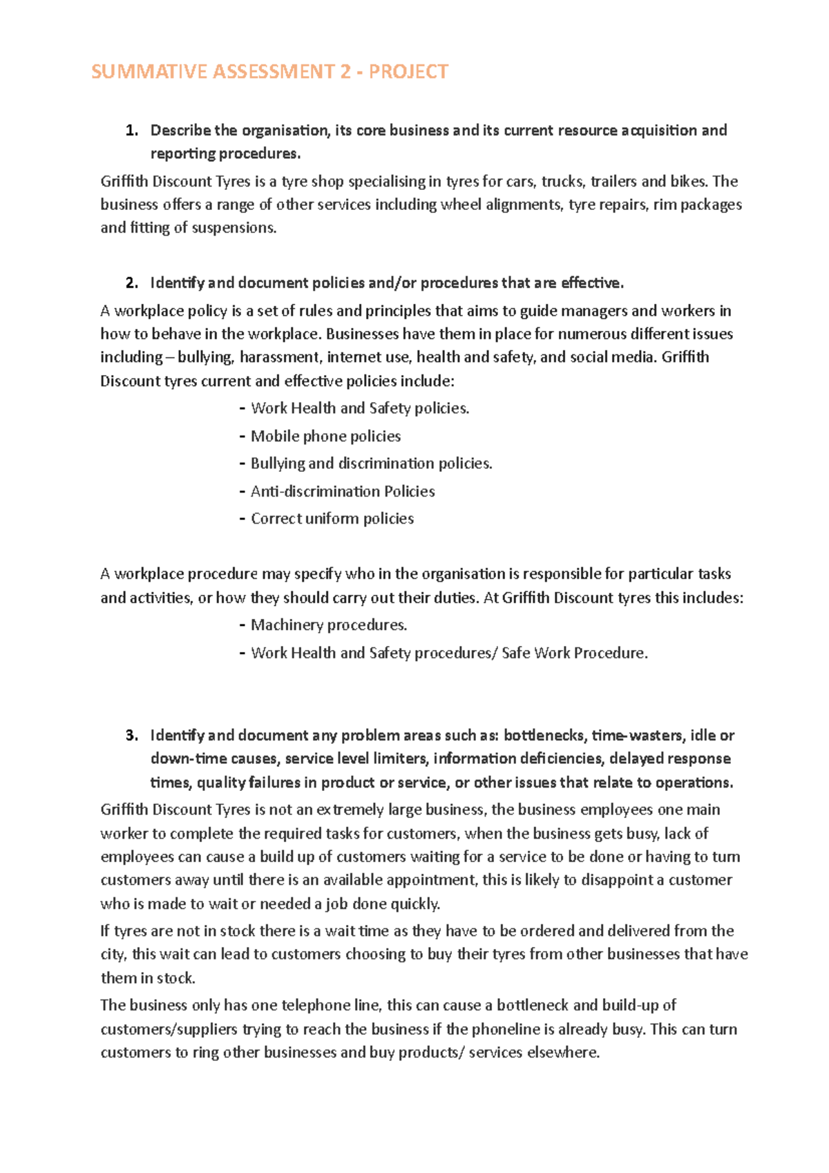 Project - SUMMATIVE ASSESSMENT 2 - PROJECT 1. Describe the organisation ...