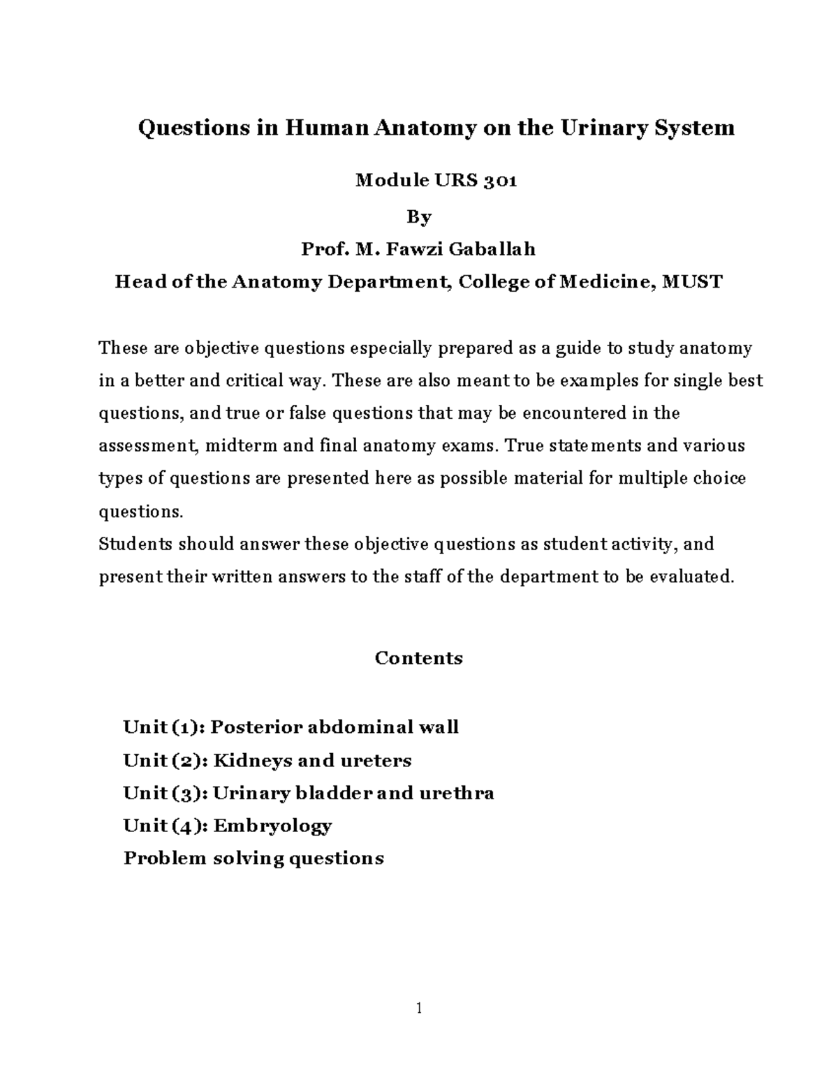 Unit questions URS 301 - Questions in Human Anatomy on the Urinary ...
