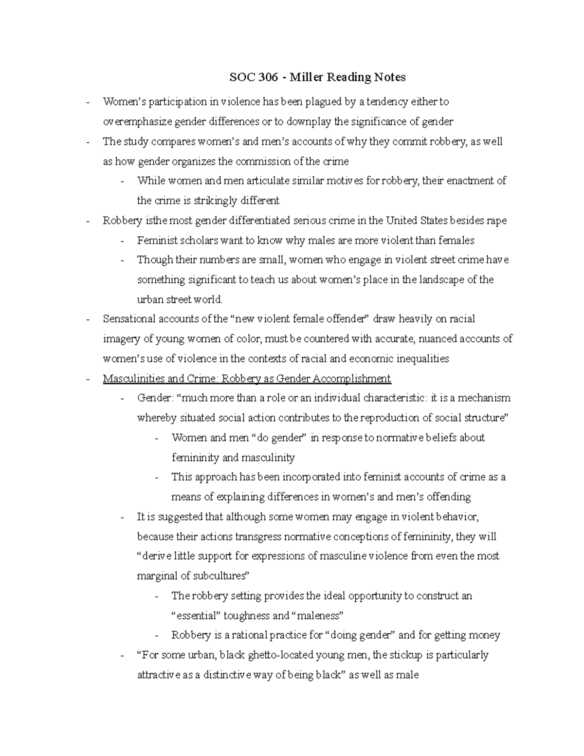 SOC 306 - Miller Reading Notes - SOC 306 - Miller Reading Notes Women’s ...