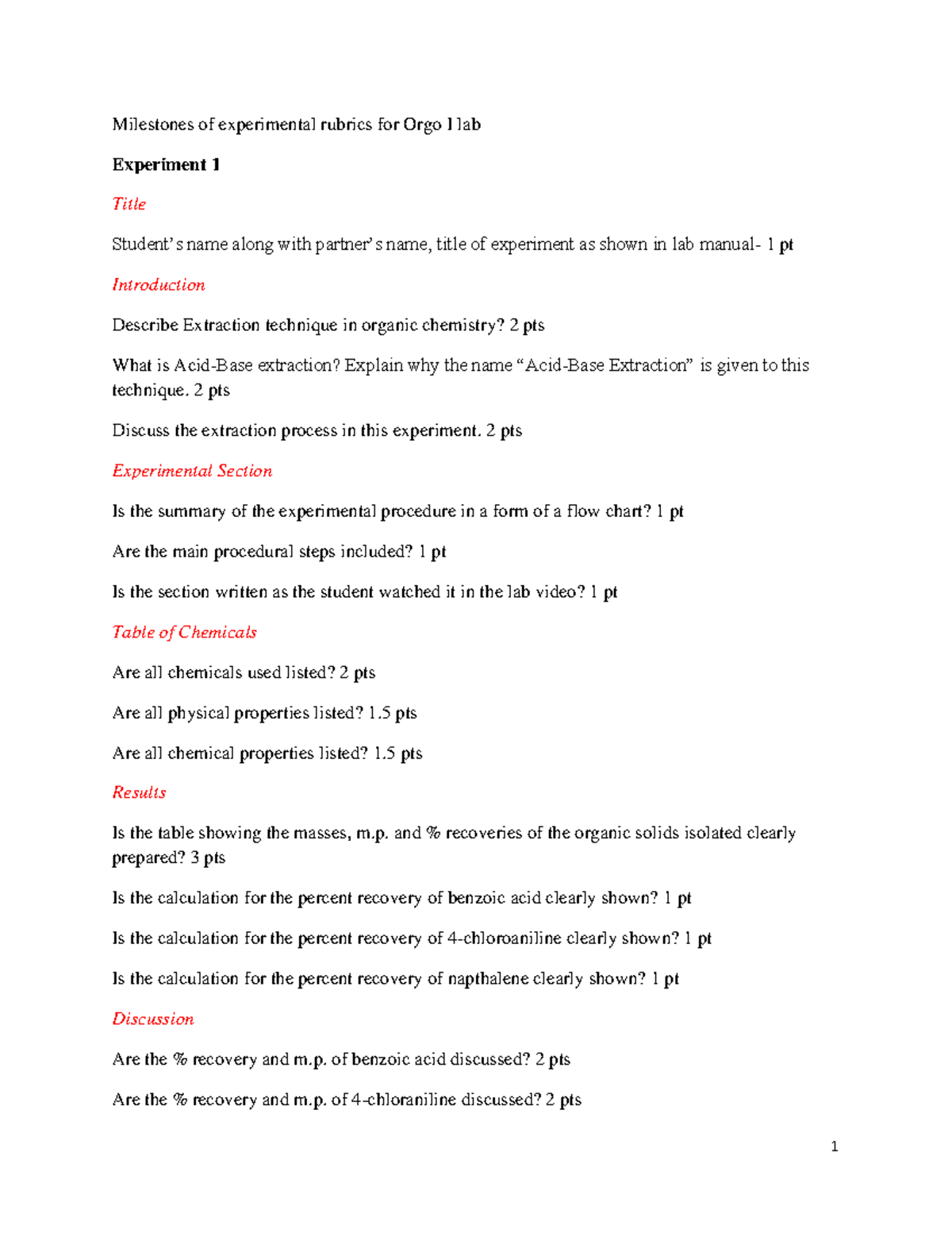 Experiment rubrics - Milestones of experimental rubrics for Orgo I lab ...