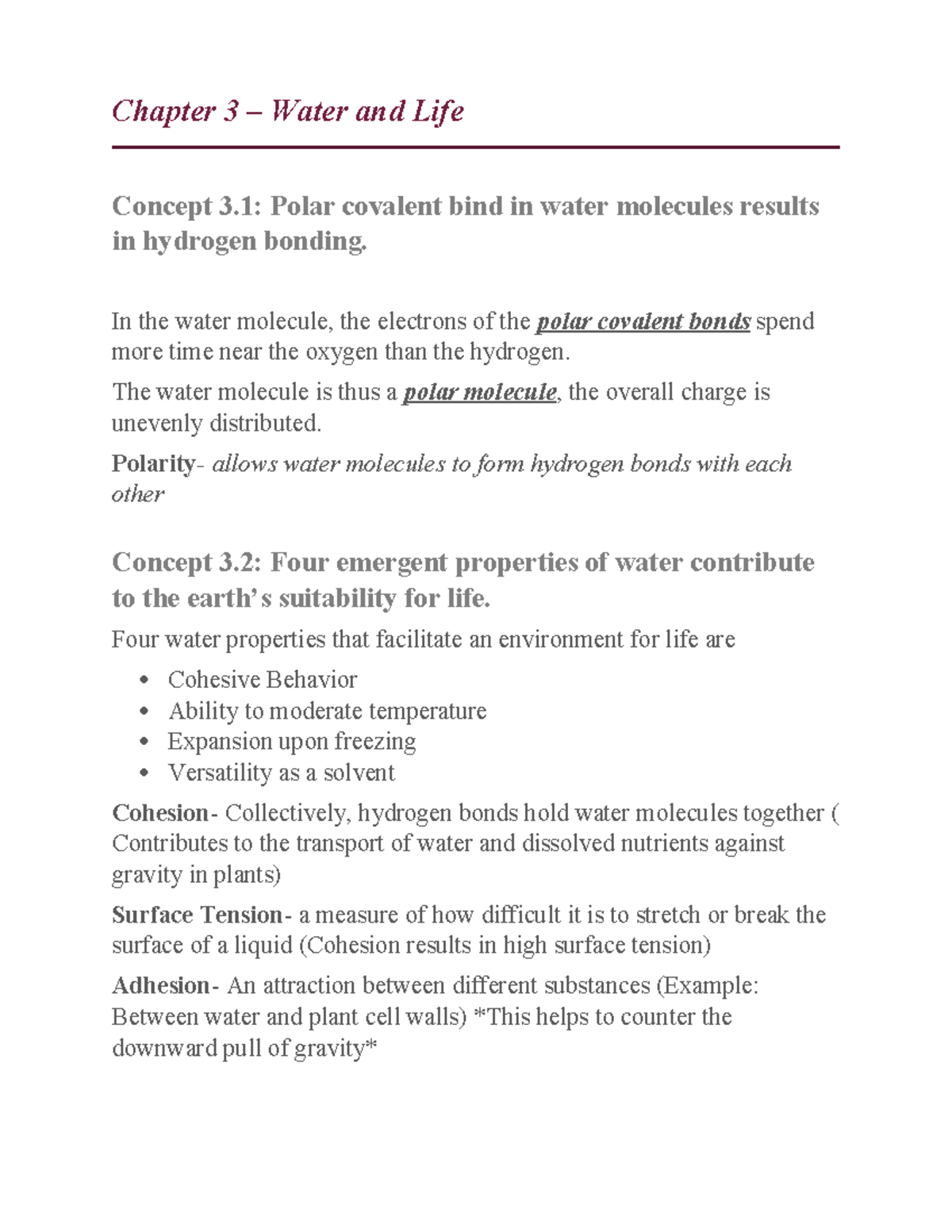 To take notes - Chapter 3 – Water and Life Concept 3: Polar covalent ...
