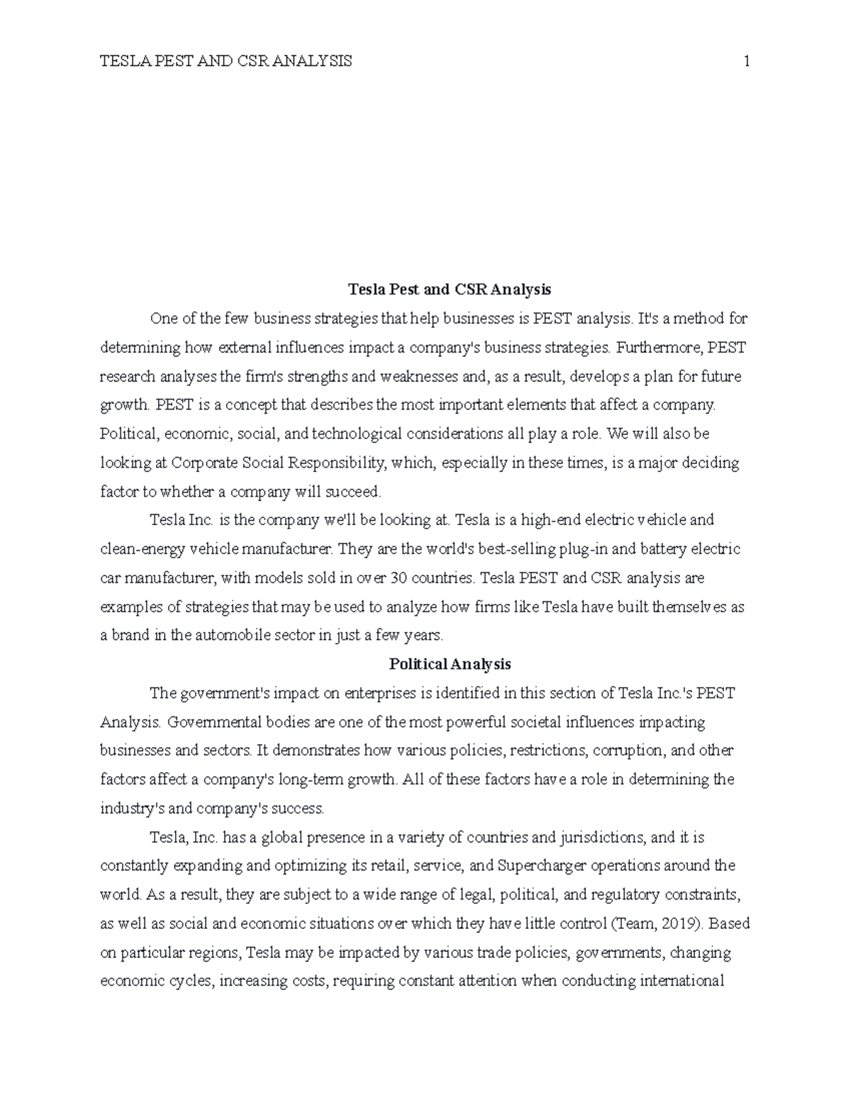PEST Report - Tesla Pest and CSR Analysis One of the few business ...