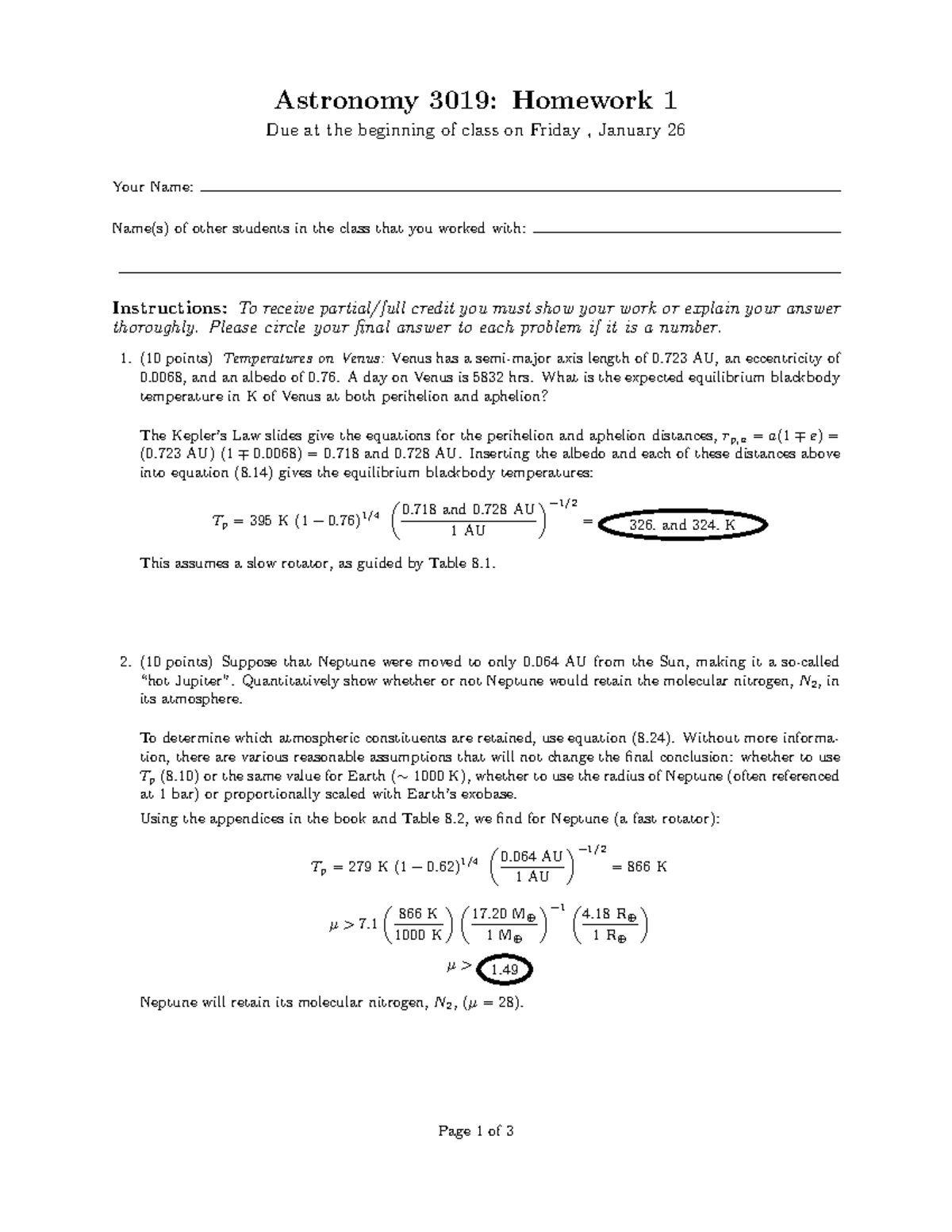 Homework 1 sols - Astronomy 3019: Homework 1 Due at the beginning of ...