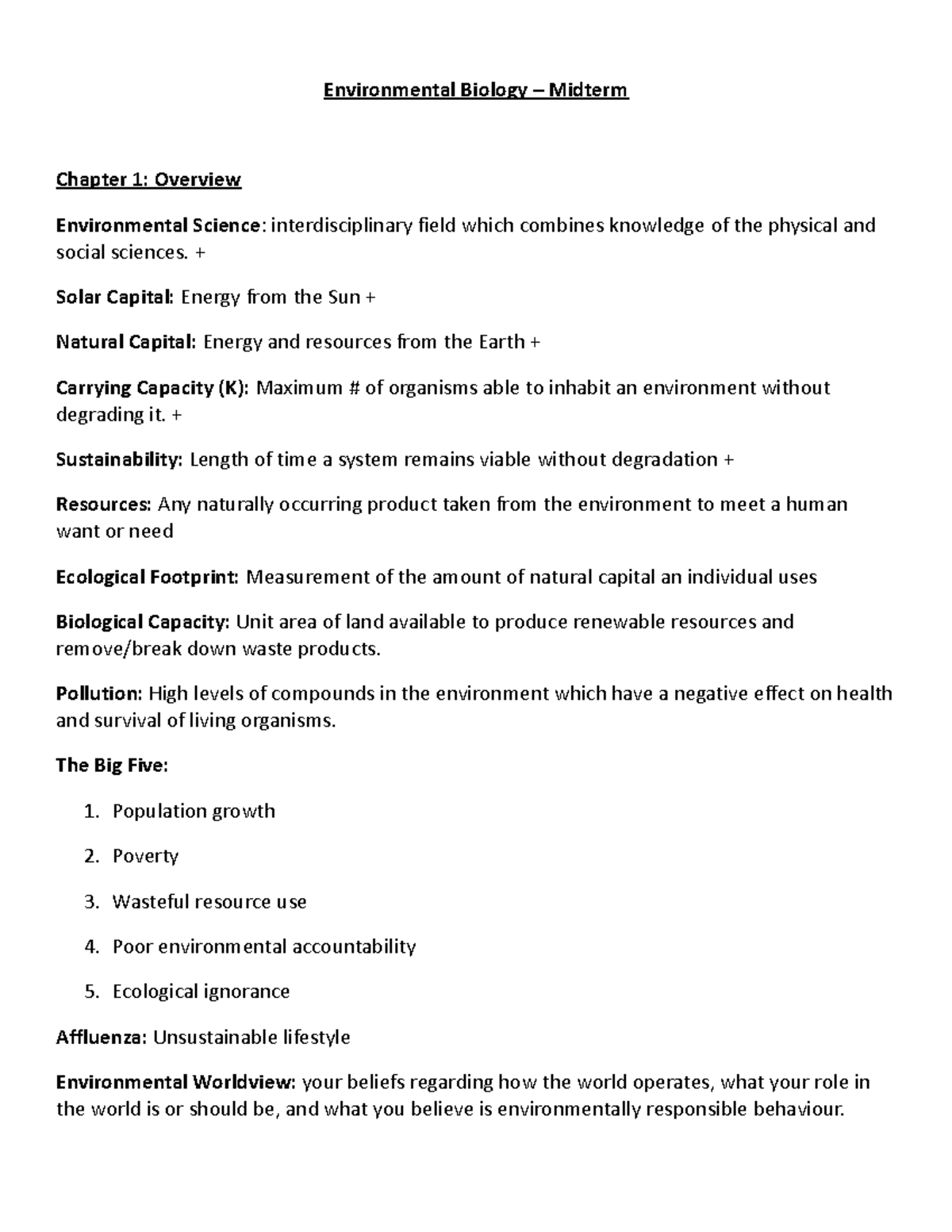 Environmental Bio Notes - Environmental Biology – Midterm Chapter 1 ...
