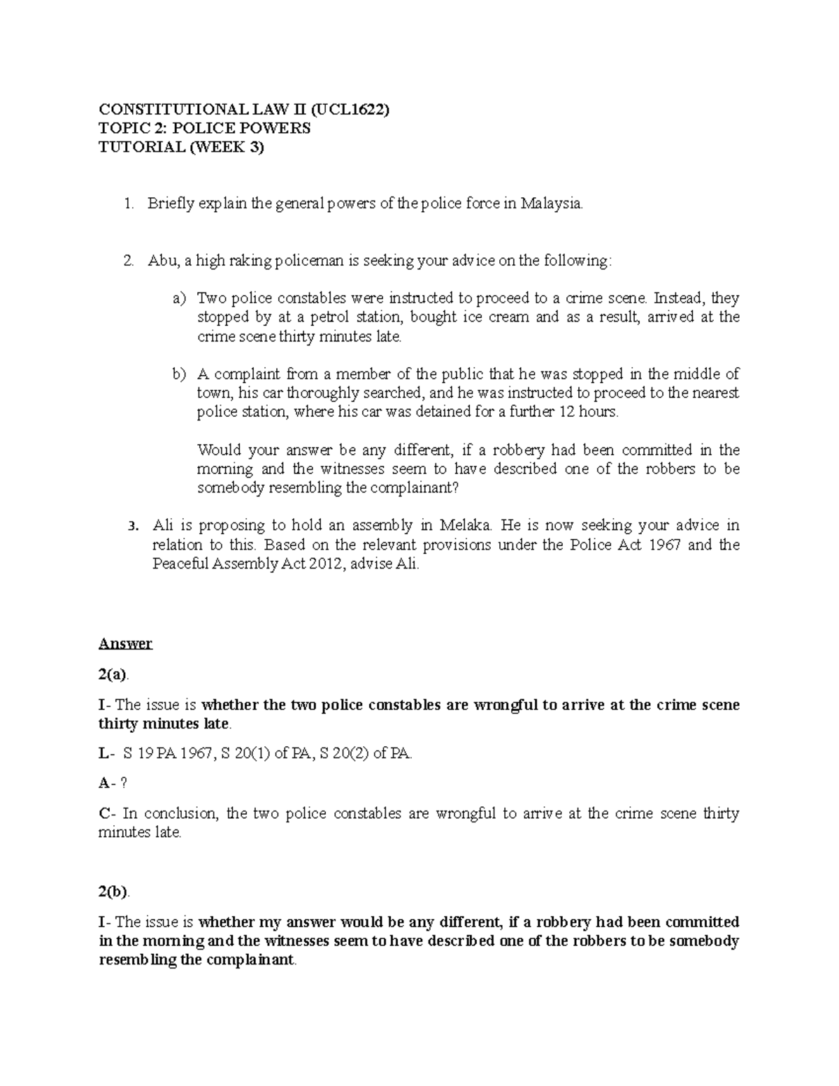 Tutorial 2 Week 3 Question 2 - CONSTITUTIONAL LAW II (UCL1622) TOPIC 2 ...