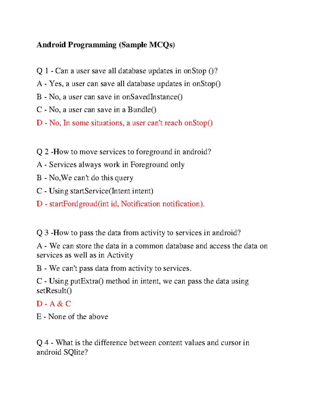 Android Mcqs Android Programming Sample Mcqs Q 1 Can A User Save All Database Updates In