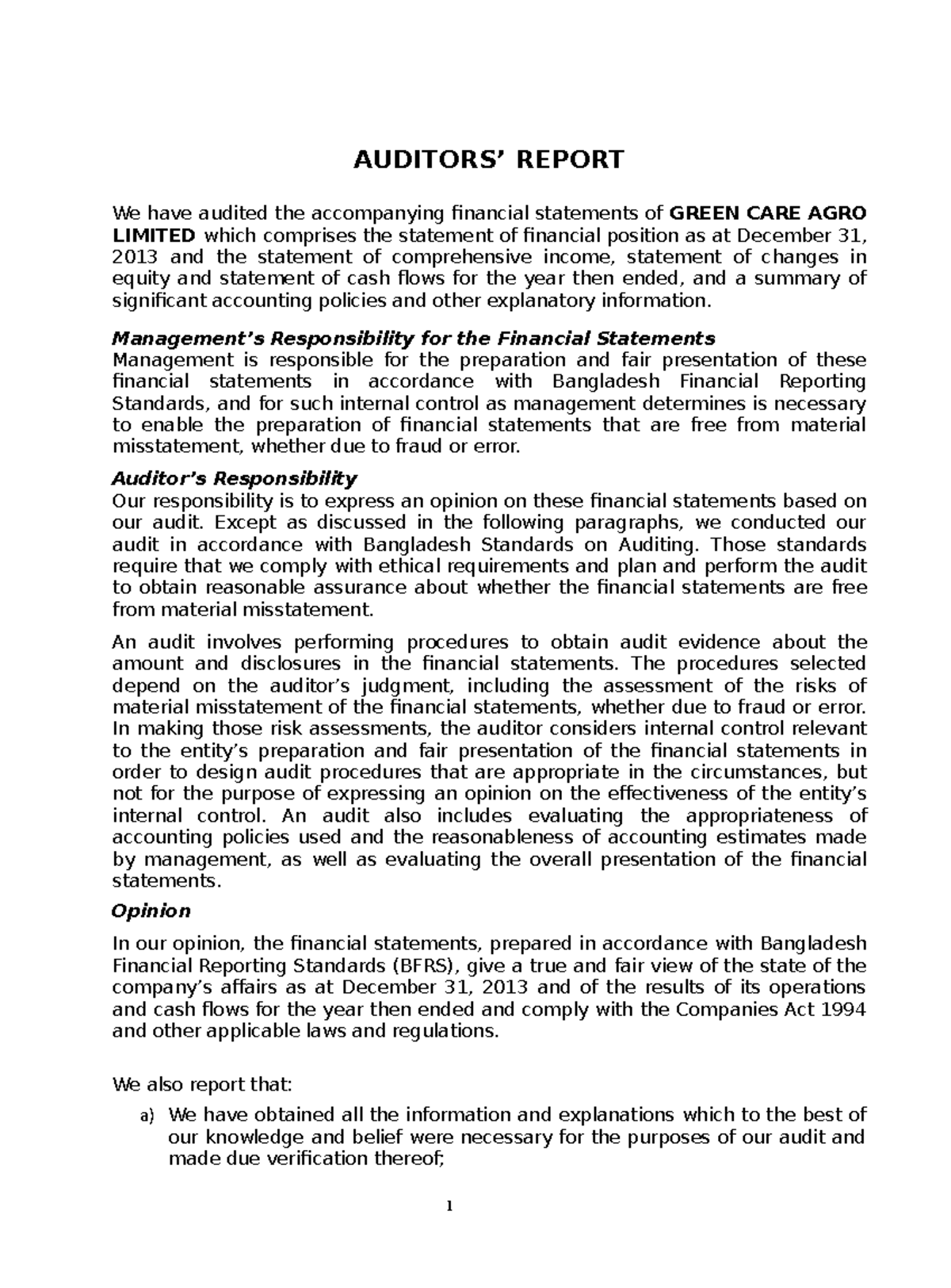 Audit Report - Class material - AUDITORS’ REPORT We have audited the ...