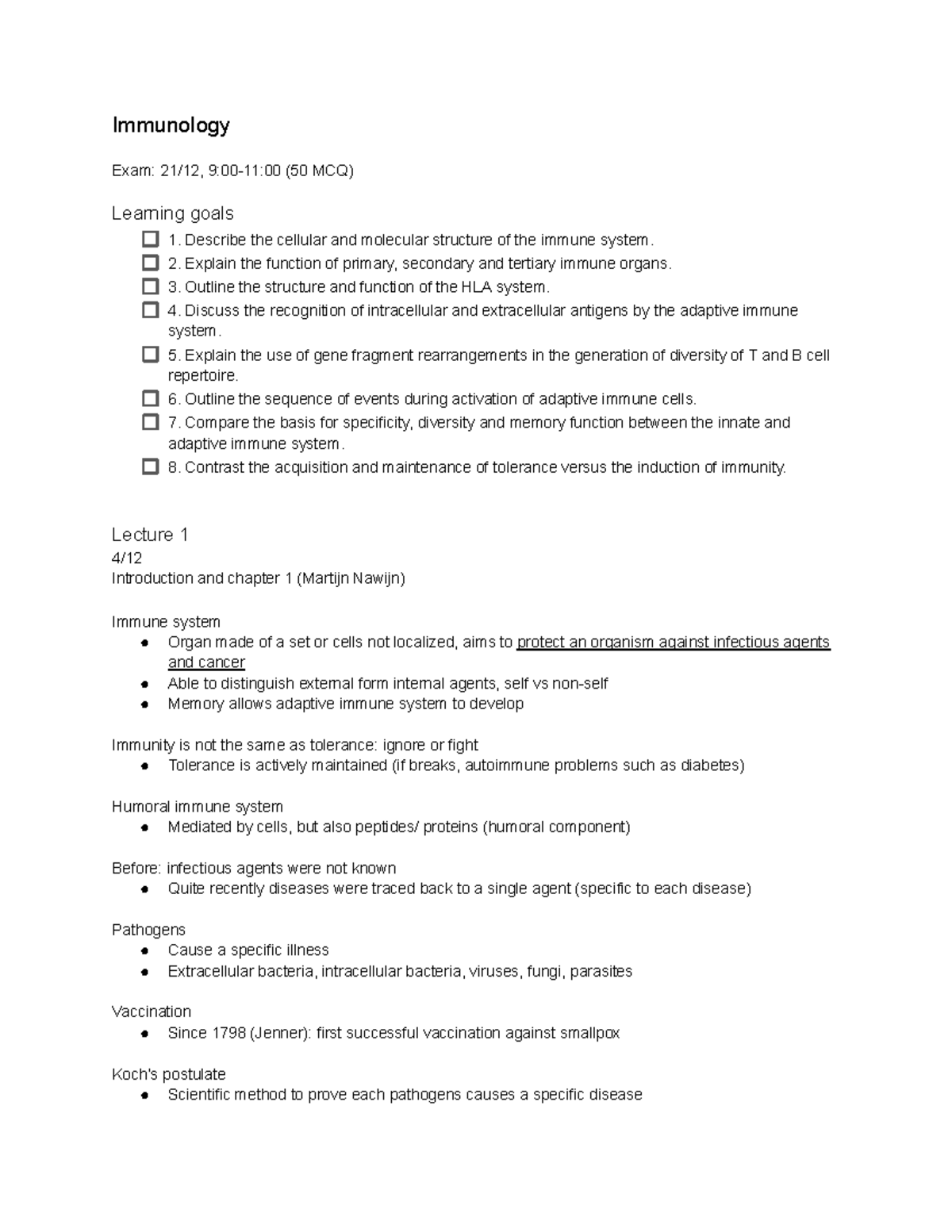 Immunology notes - Immunology Exam: 21/12, 9:00-11:00 (50 MCQ) Learning ...