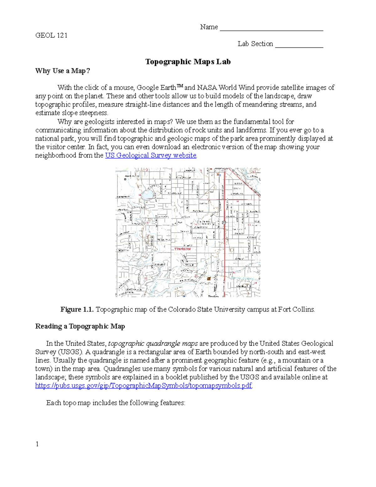Topographic Maps Lab Labs Assignment Name Geol 121 Lab Section