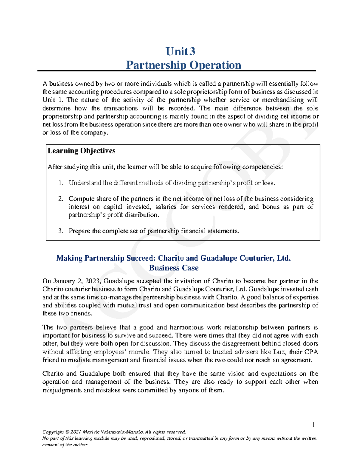 Learning Module 3 Partnership Operation March 2022 - 1 Copyright © 2021 ...