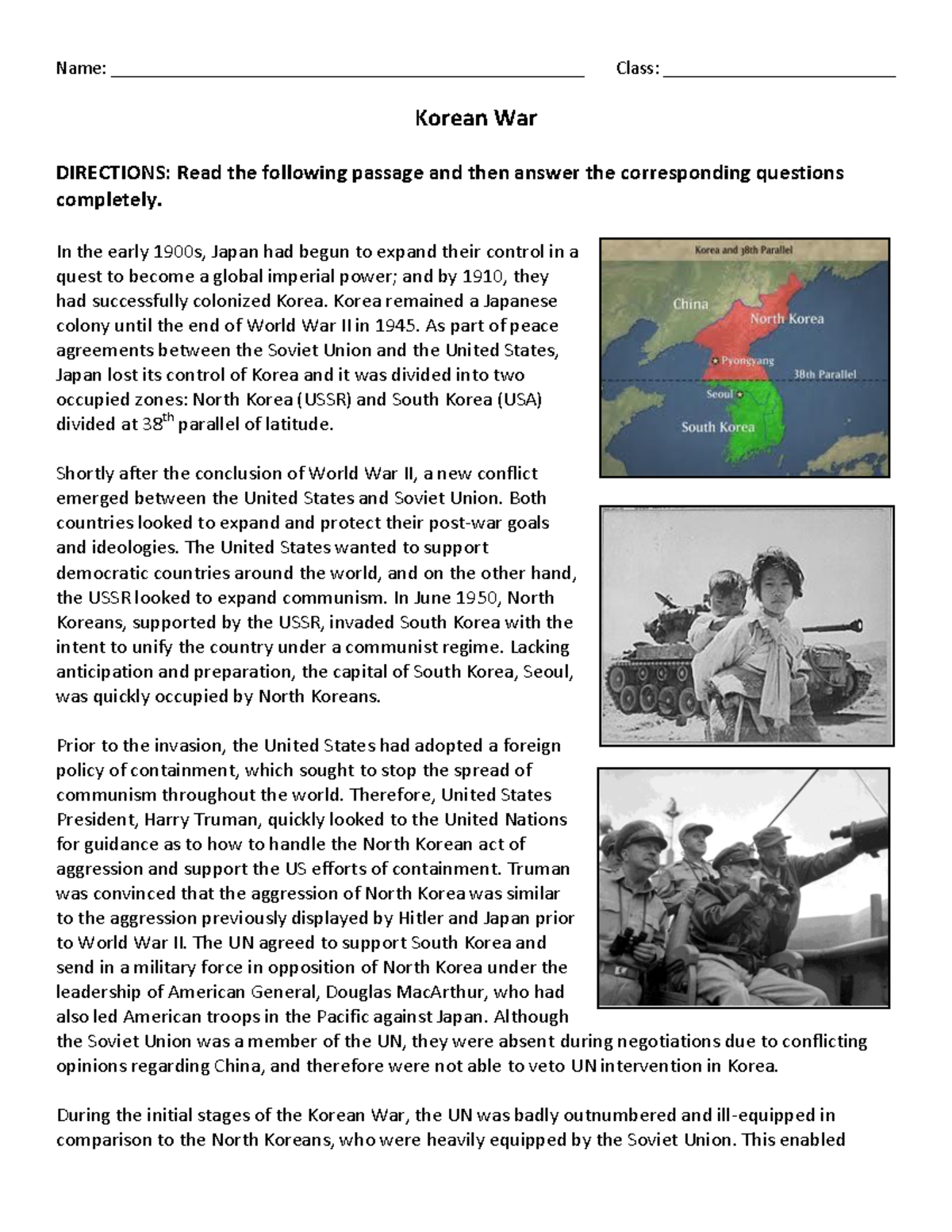 Korean War Reading - Name ...