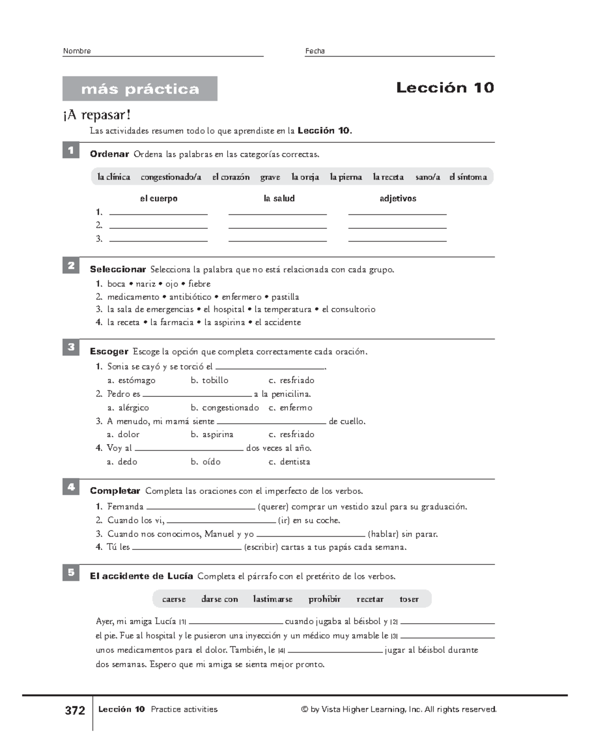 Review for Examen #3 L10 L11 - Nombre Fecha 372 Lección 10 Practice ...