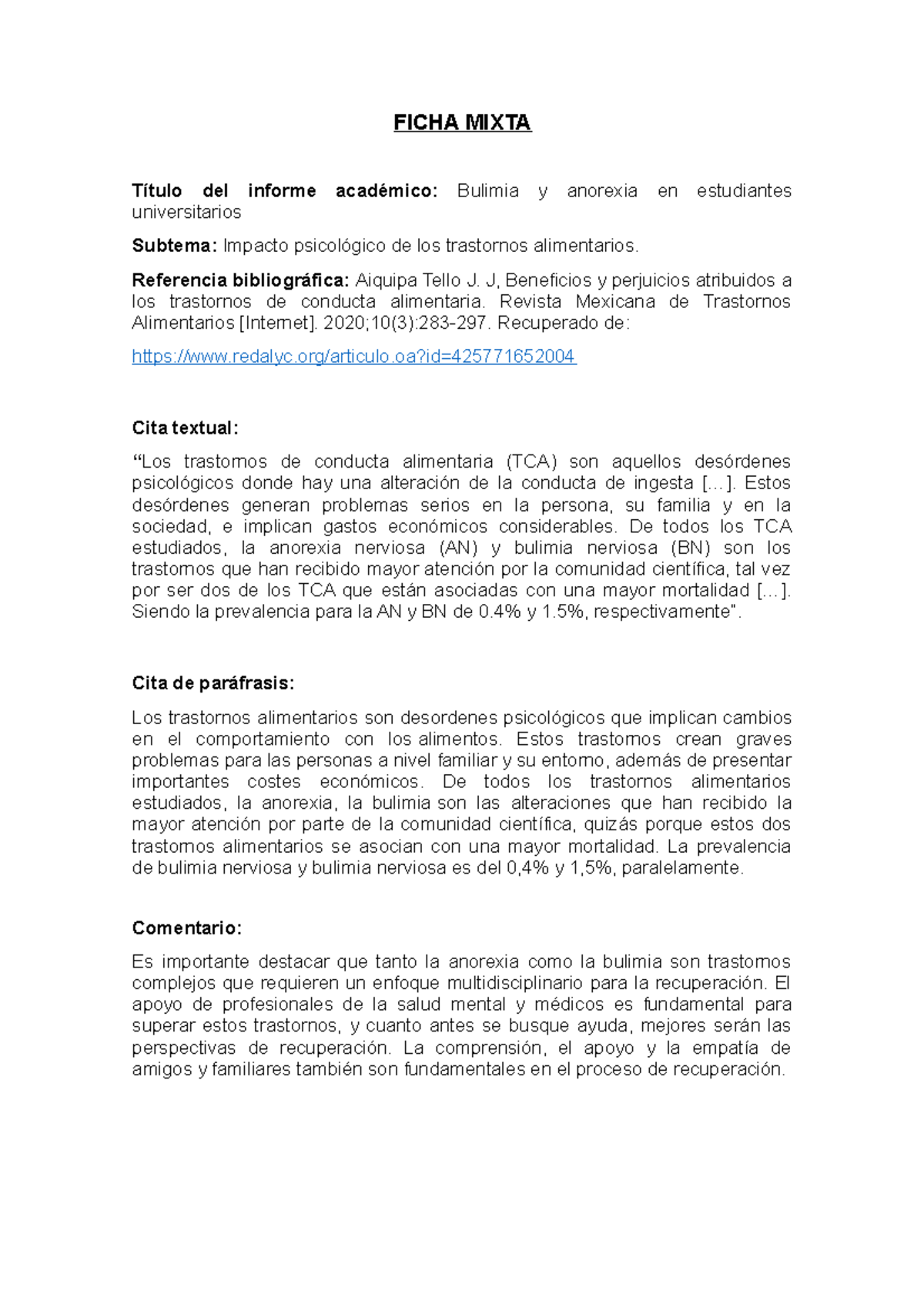 Ficha Mixta - FICHA MIXTA Título del informe académico: Bulimia y ...