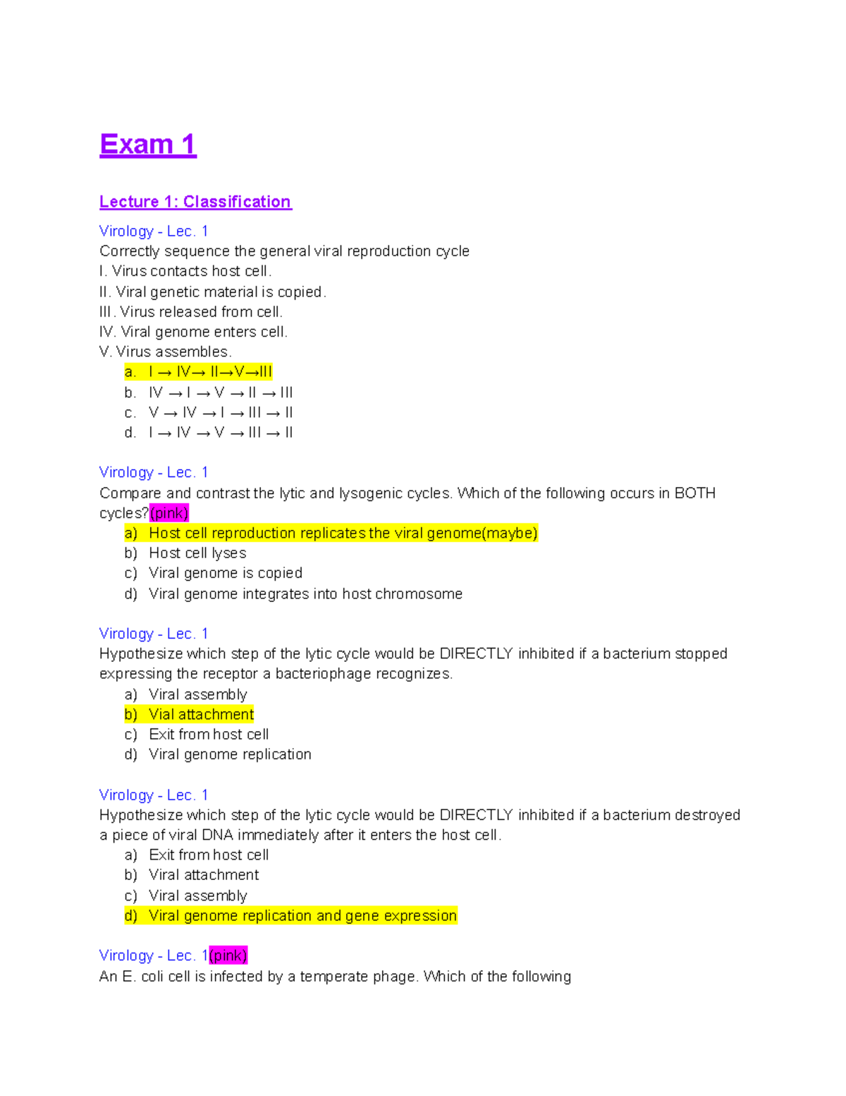 Bio 116 - Practice Questions - Exam 1 Lecture 1: Classification ...
