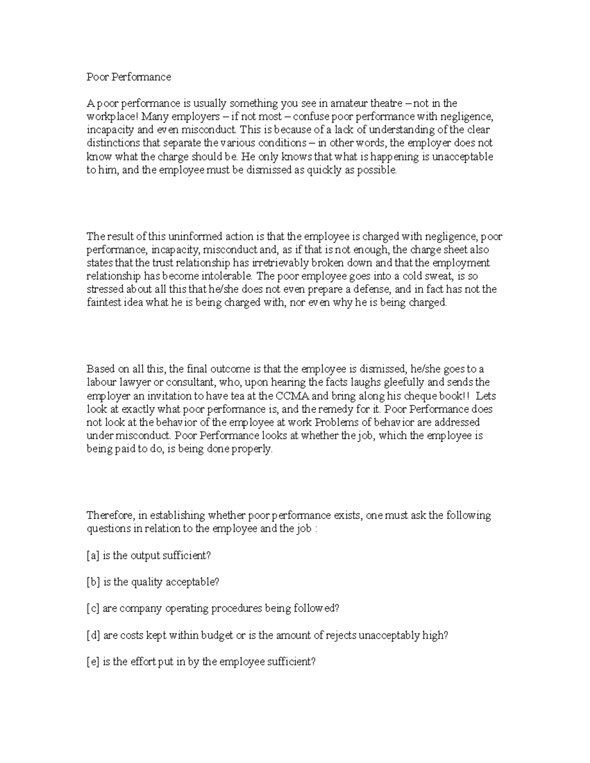 Poor Work performance - LLEV101 - Unisa - Studocu