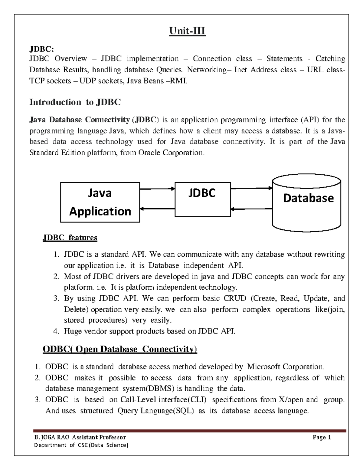 Unit Iii Notes On Jdbc And Unit 3 B Joga Rao Assistant Professor Page 1 Unit Iii Jdbc Jdbc