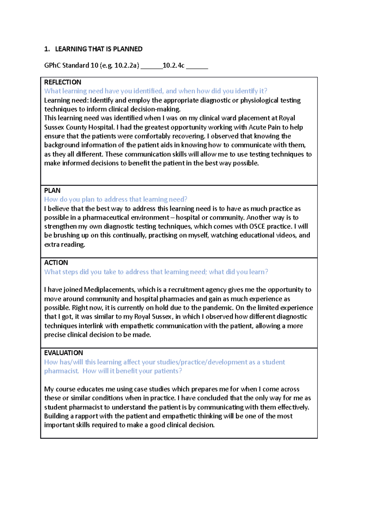Template for writing Continuing Professional Development. - 1. LEARNING ...