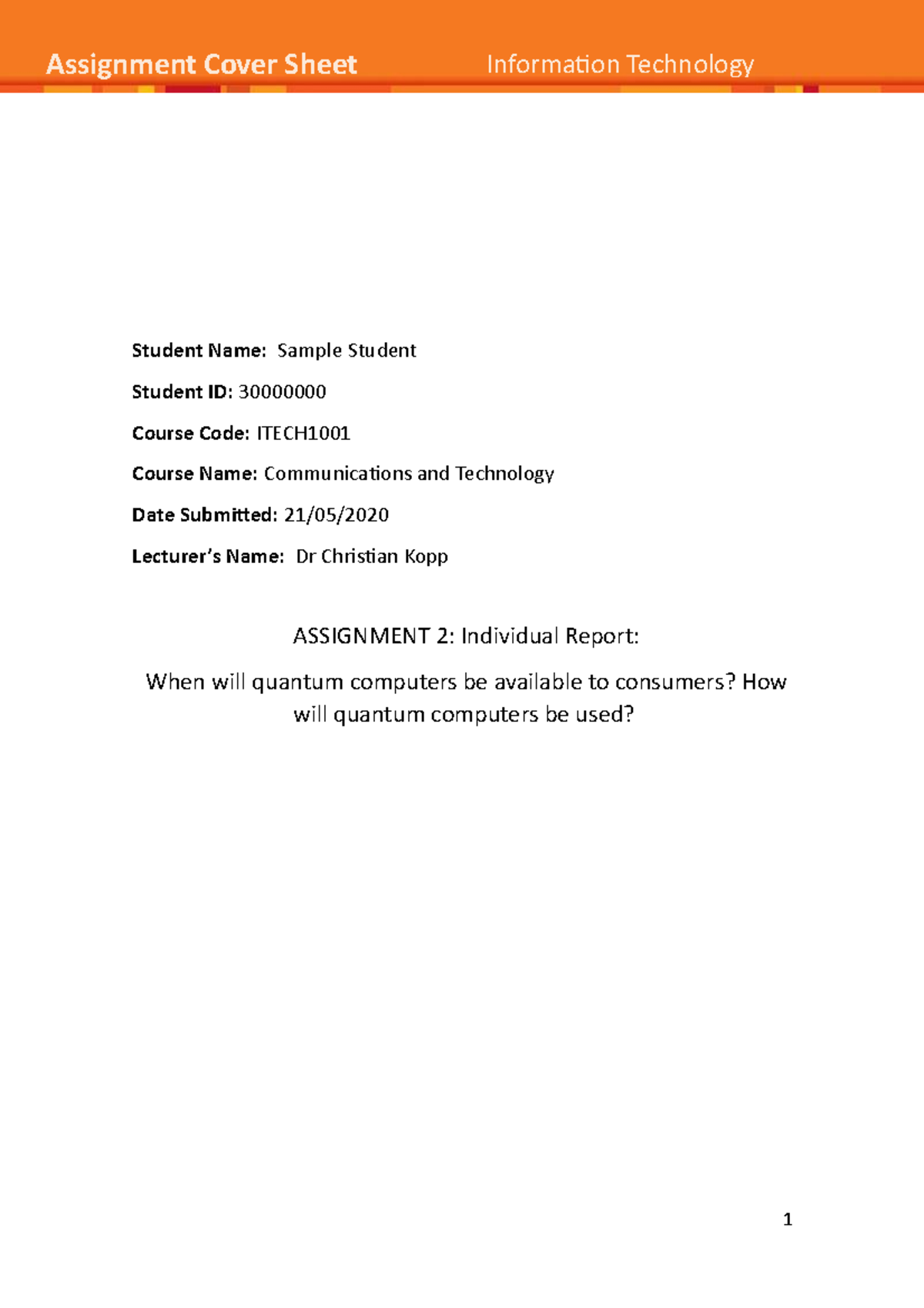 Individual report Sampel 01 - Assignment Cover Sheet Information ...