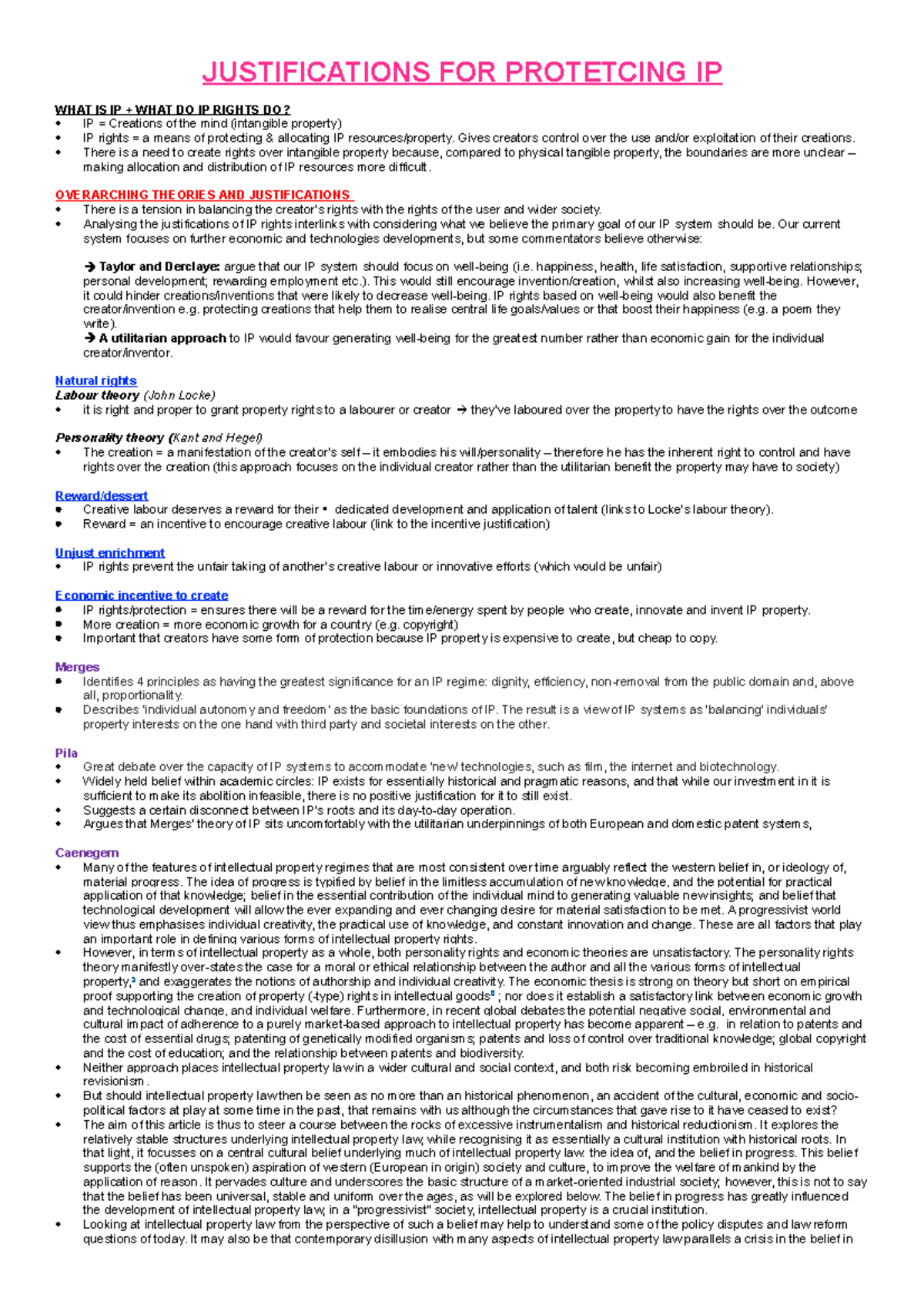 IP EXAM Notes - Summary Intellectual Property - JUSTIFICATIONS FOR ...