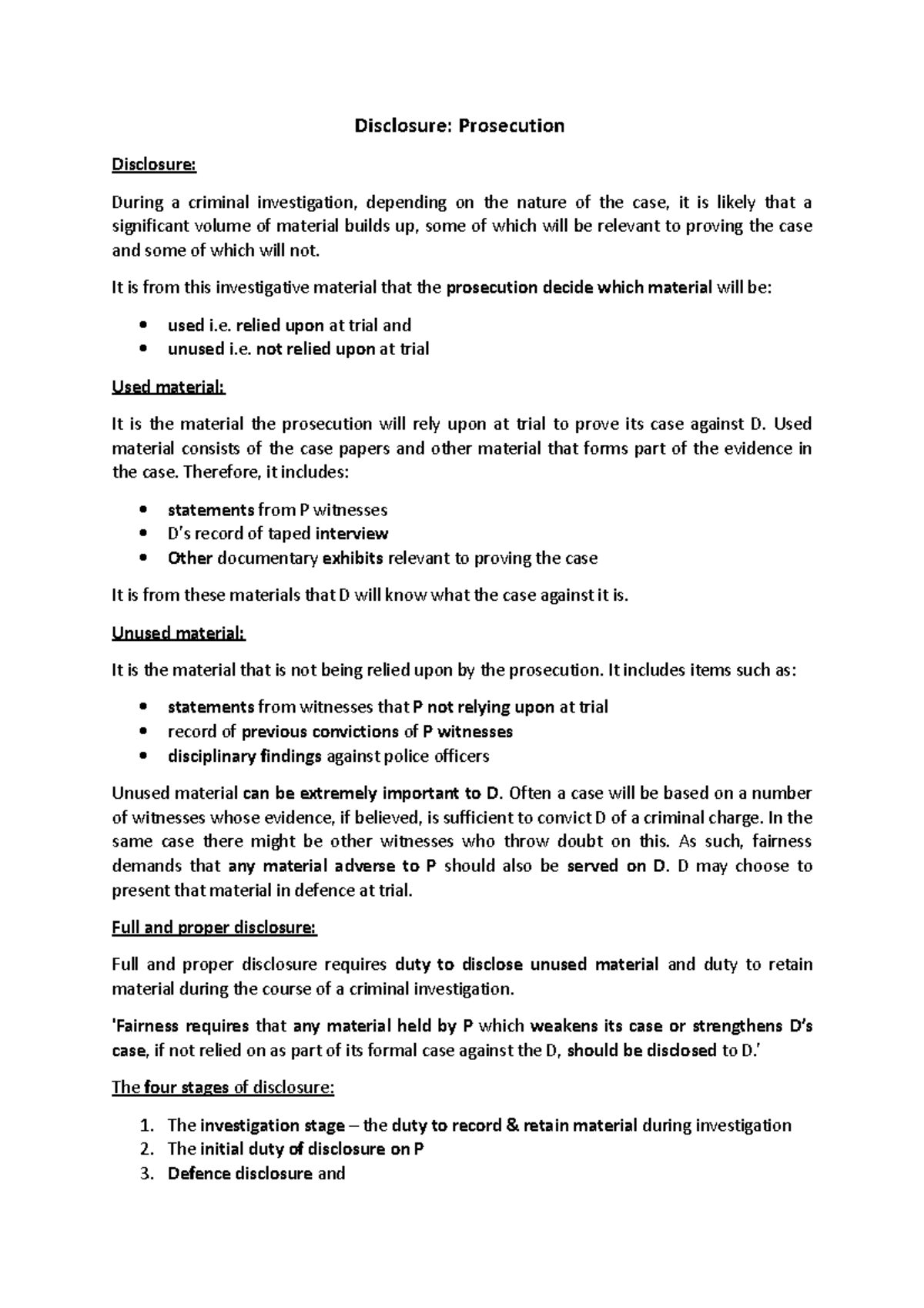 Workshop 6 Notes Disclosure - Disclosure: Prosecution Disclosure ...