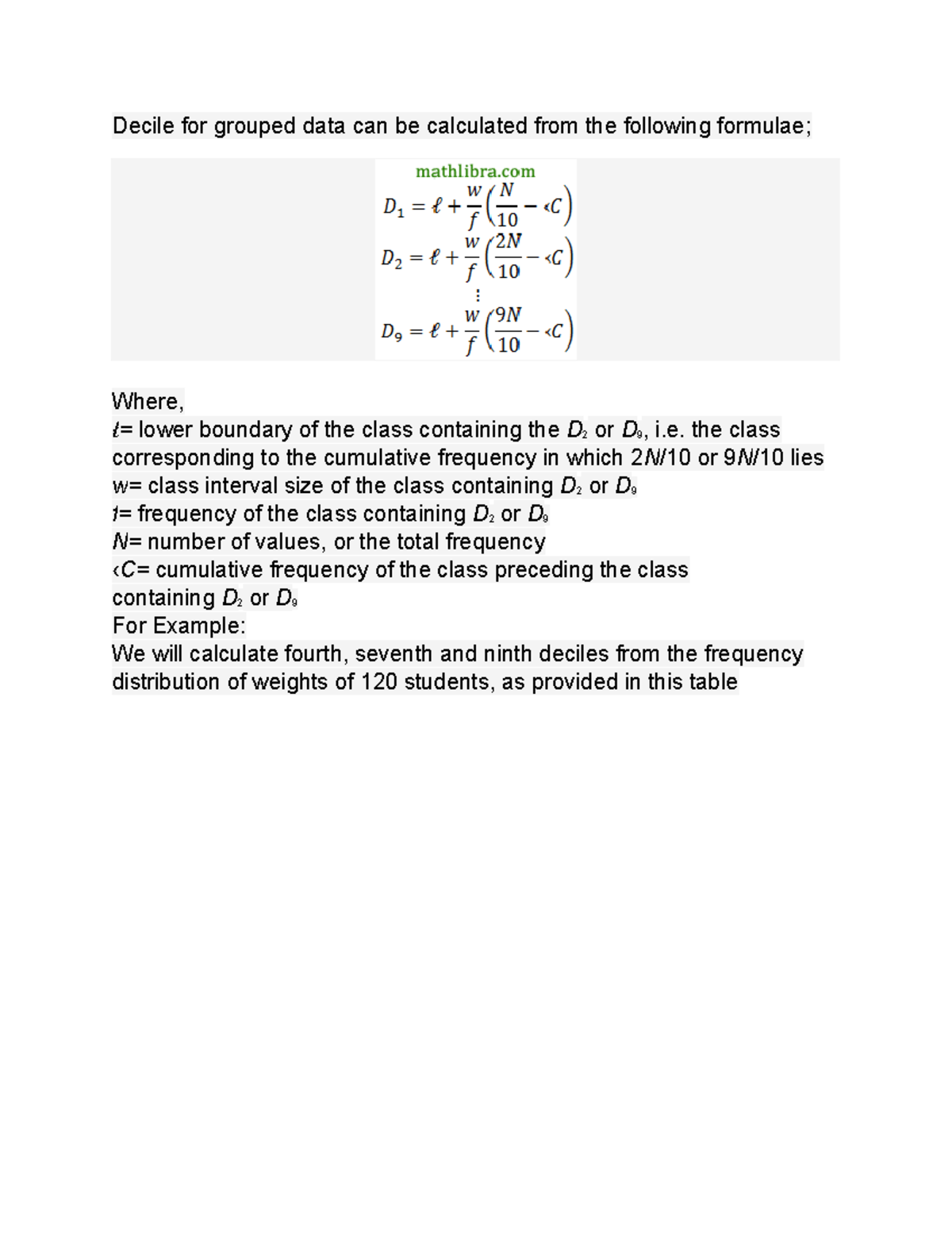 Decile for grouped data - the class corresponding to the cumulative ...