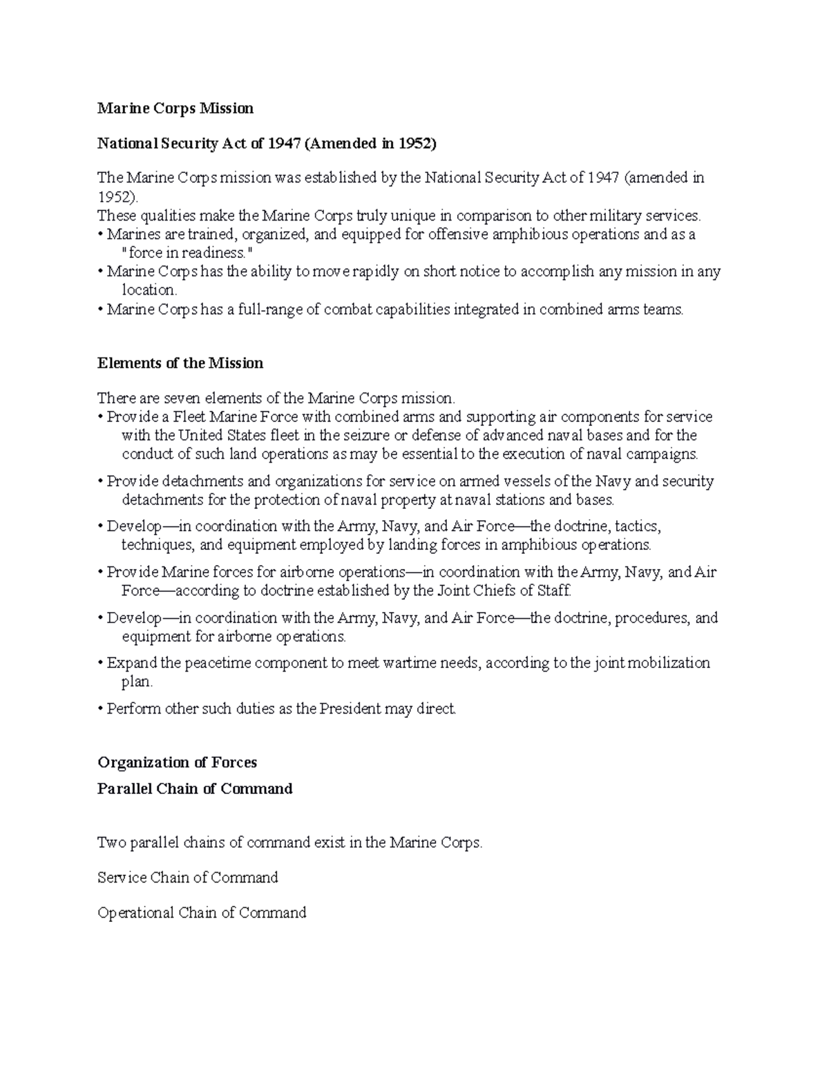 Leadership 1 Sgt's Course - Marine Corps Mission National Security Act ...