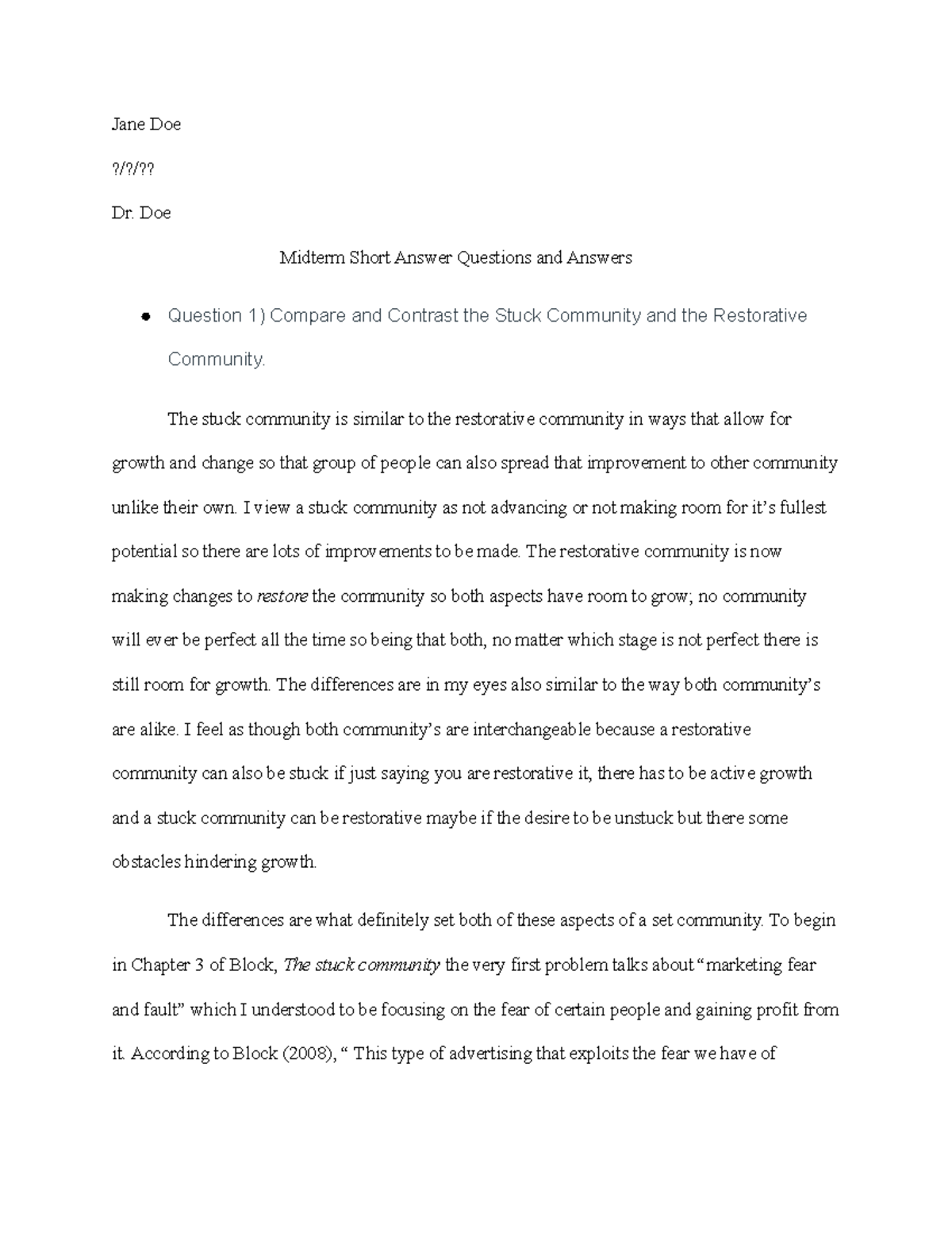 Midterm short essay - Jane Doe ?/?/?? Dr. Doe Midterm Short Answer ...
