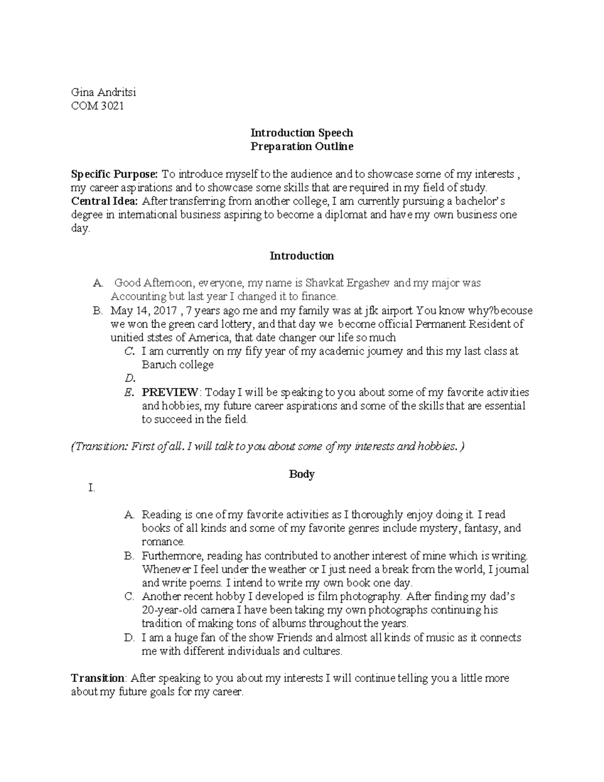 COM3021 Preparation Outline - Sample - Gina Andritsi COM 3021 ...