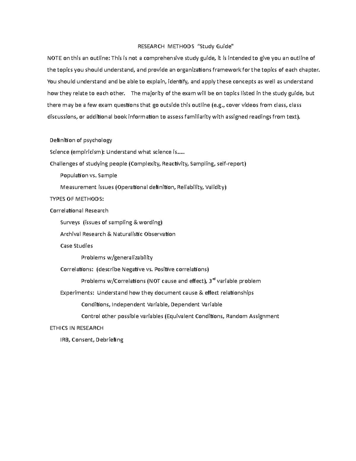 1 Methods - RESEARCH METHODS “Study Guide” NOTE on this an outline ...