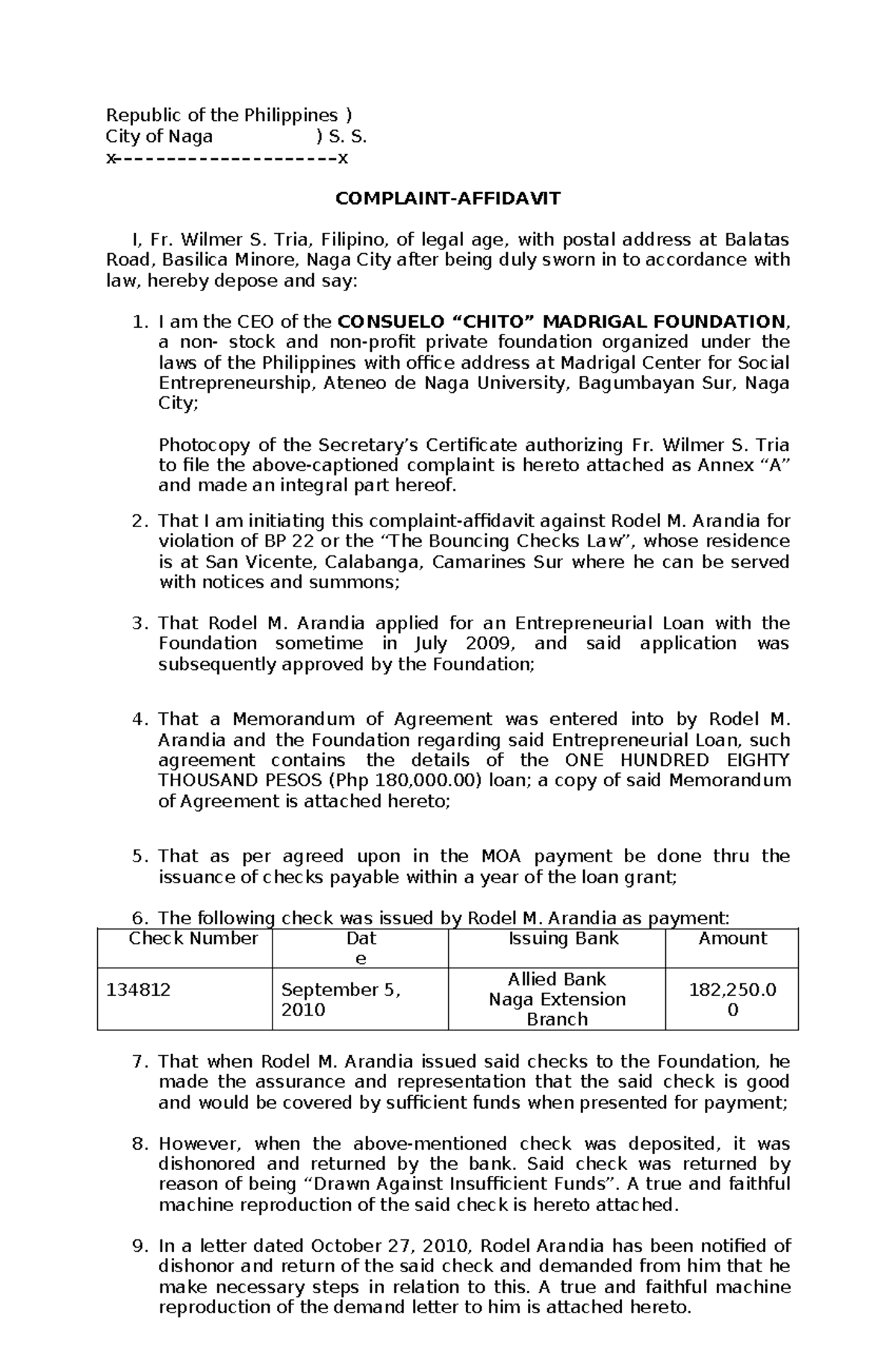Complaint affidavit bp 22 arandia - Republic of the Philippines ) City of Naga ) S. S. x x - Studocu