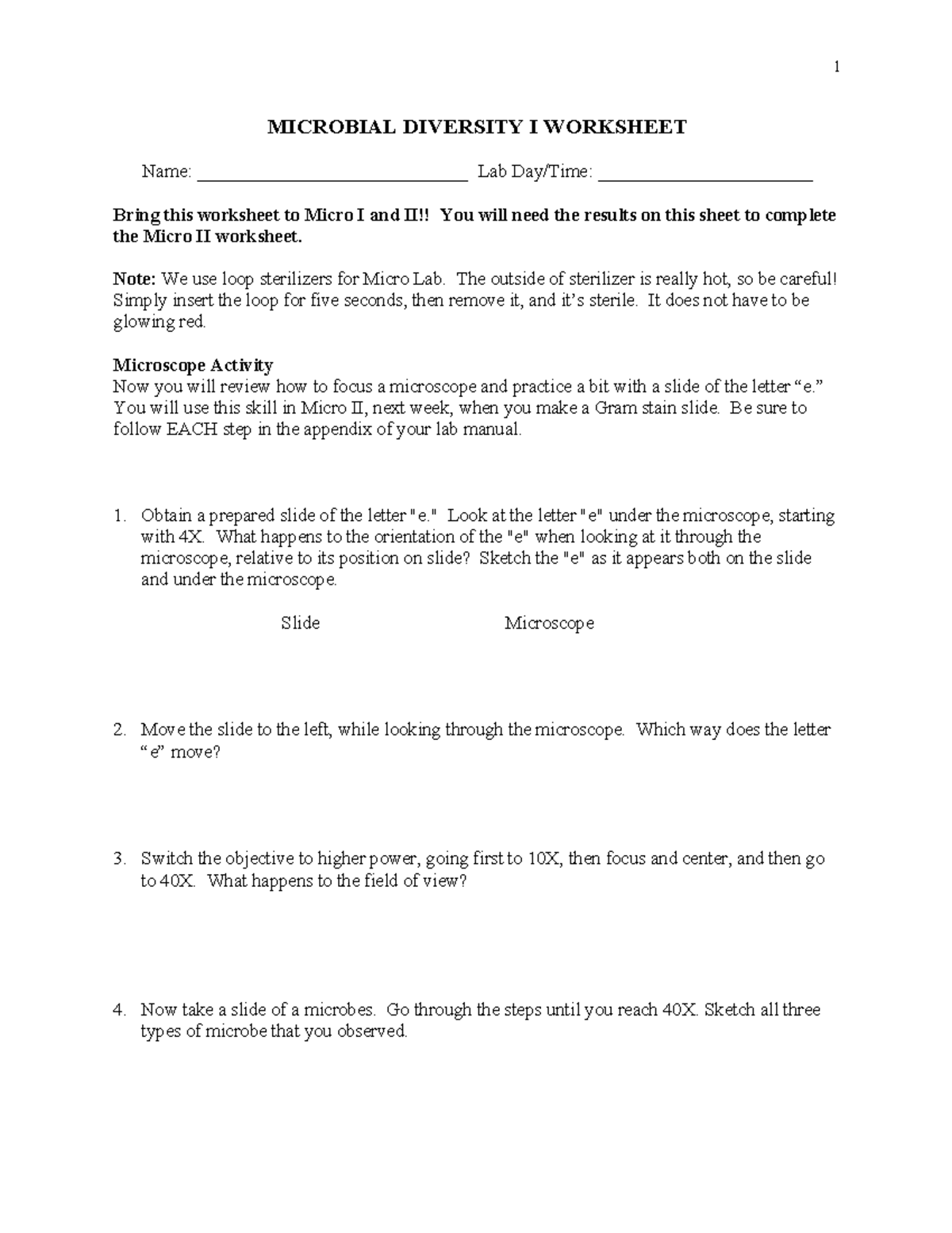 Micro 1 WS - empty outline - 1 MICROBIAL DIVERSITY I WORKSHEET Name