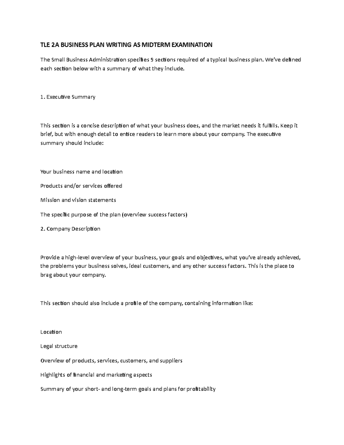 TLE 2 Abusiness PLAN Writing AS Midterm Examination - TLE 2A BUSINESS ...