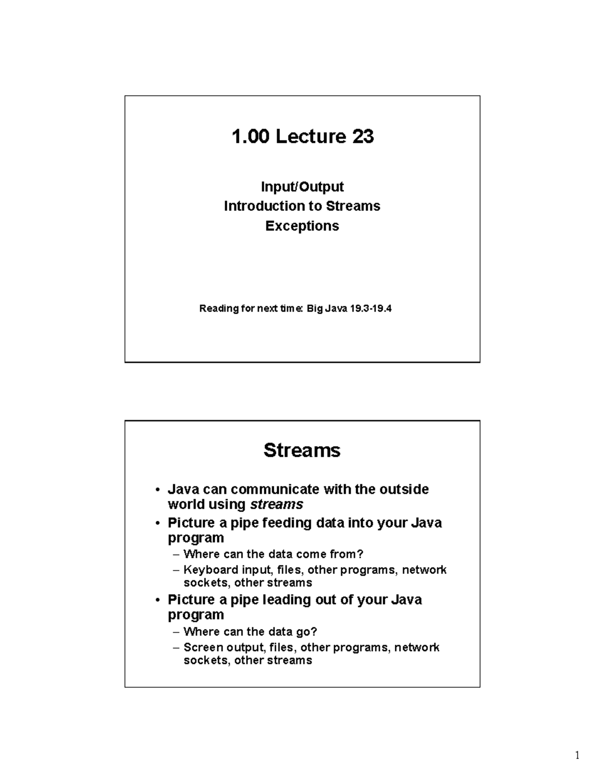 Streams I, Exceptions (PDF) Lec 23 - 1 Lecture 23 Input/Output ...
