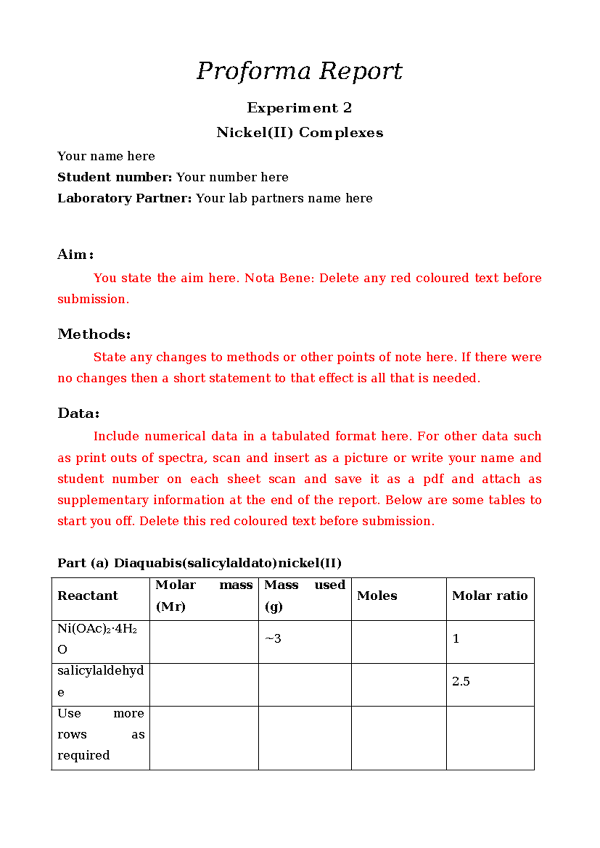 CHEM211 Experiment 2 Proforma Report 2021 - Proforma Report Experiment ...