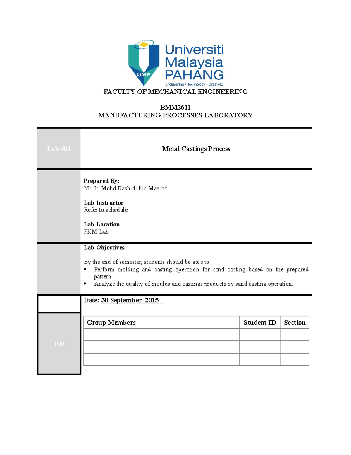 Casting Manufacturing Lab Report manufacturing lab - FACULTY OF ...