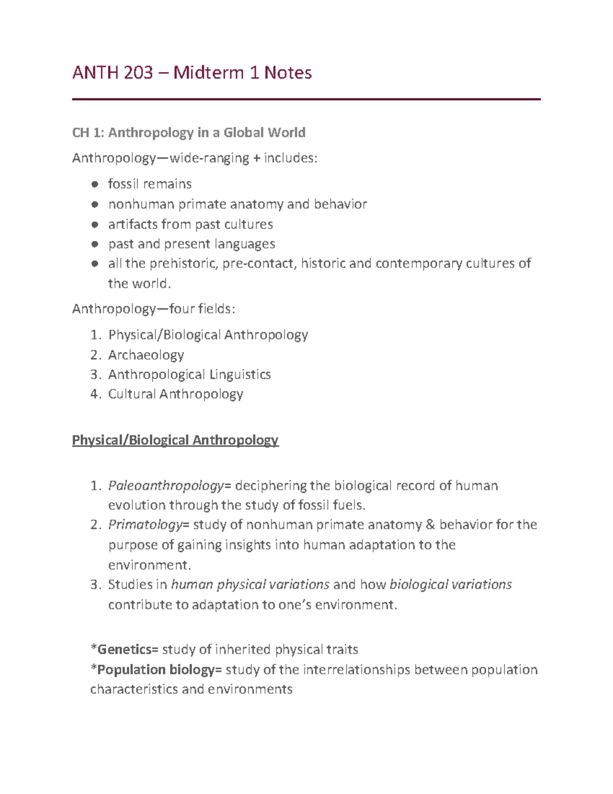 ANTH 203 Midterm 1 Revision - ANTH 203 – Midterm 1 Notes CH 1 ...
