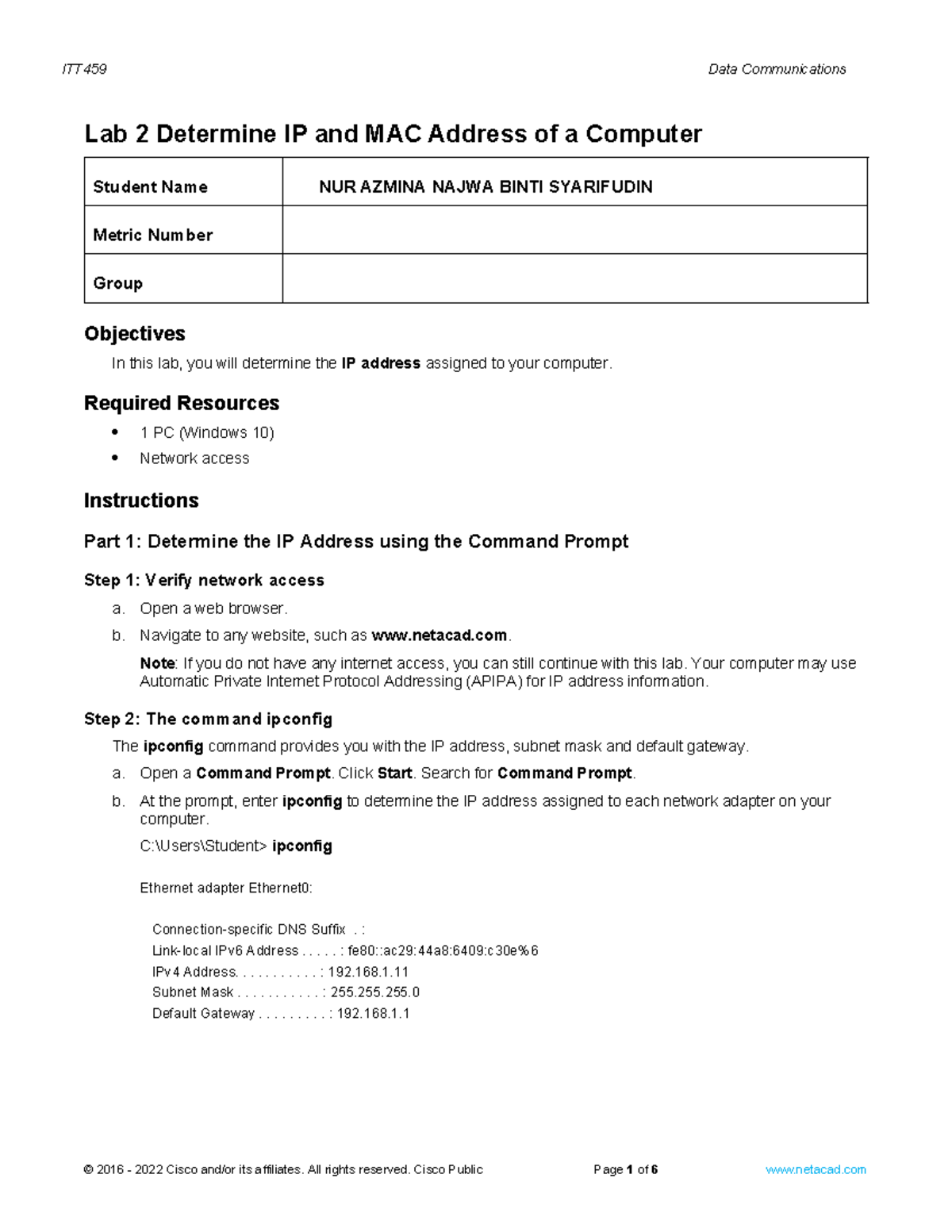 Lab 2- Determine IP Address Configuration of a Computer - ITT459 Data Communications Lab 2 ...