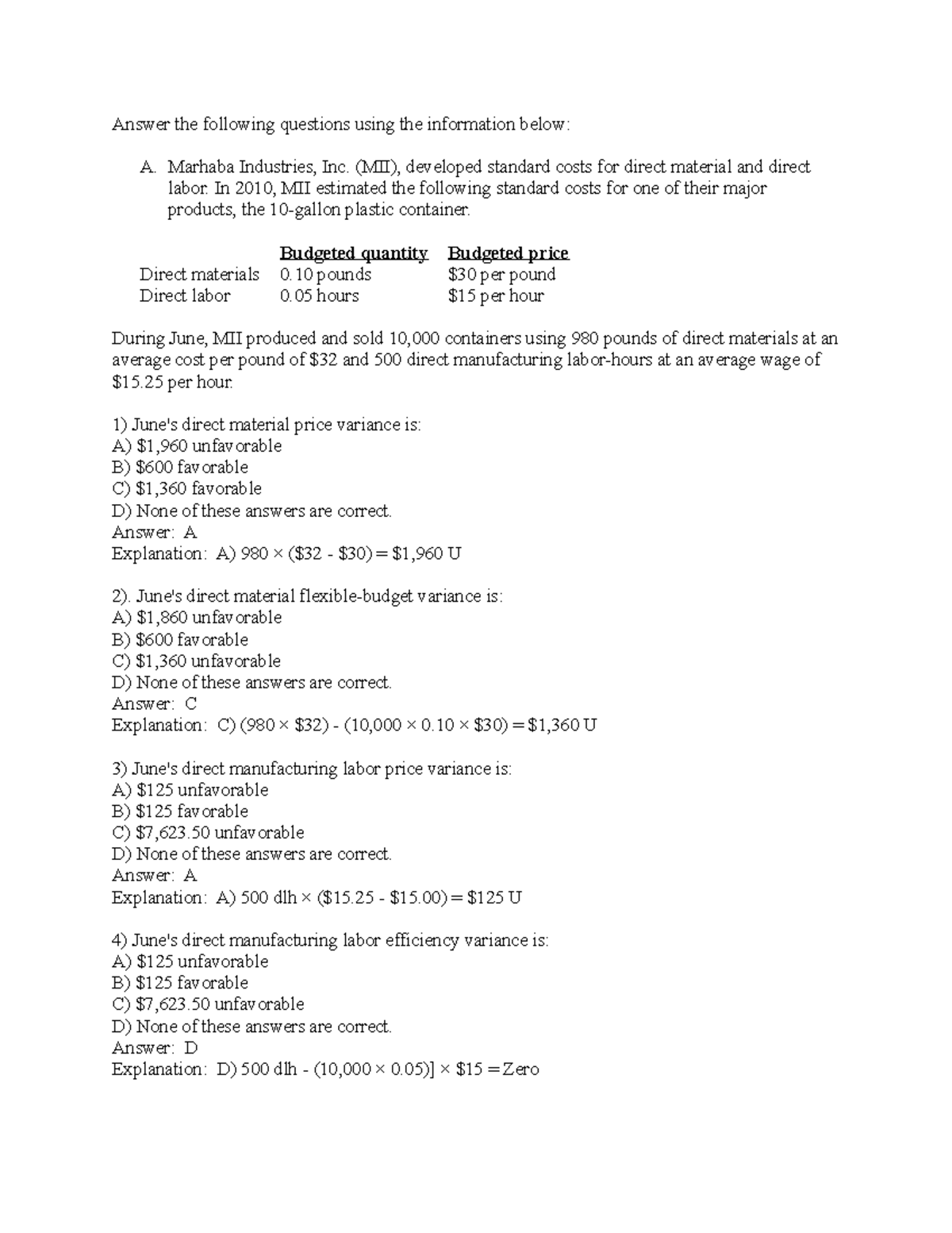 Practice Questions.Budget Variance Answer the following questions ...