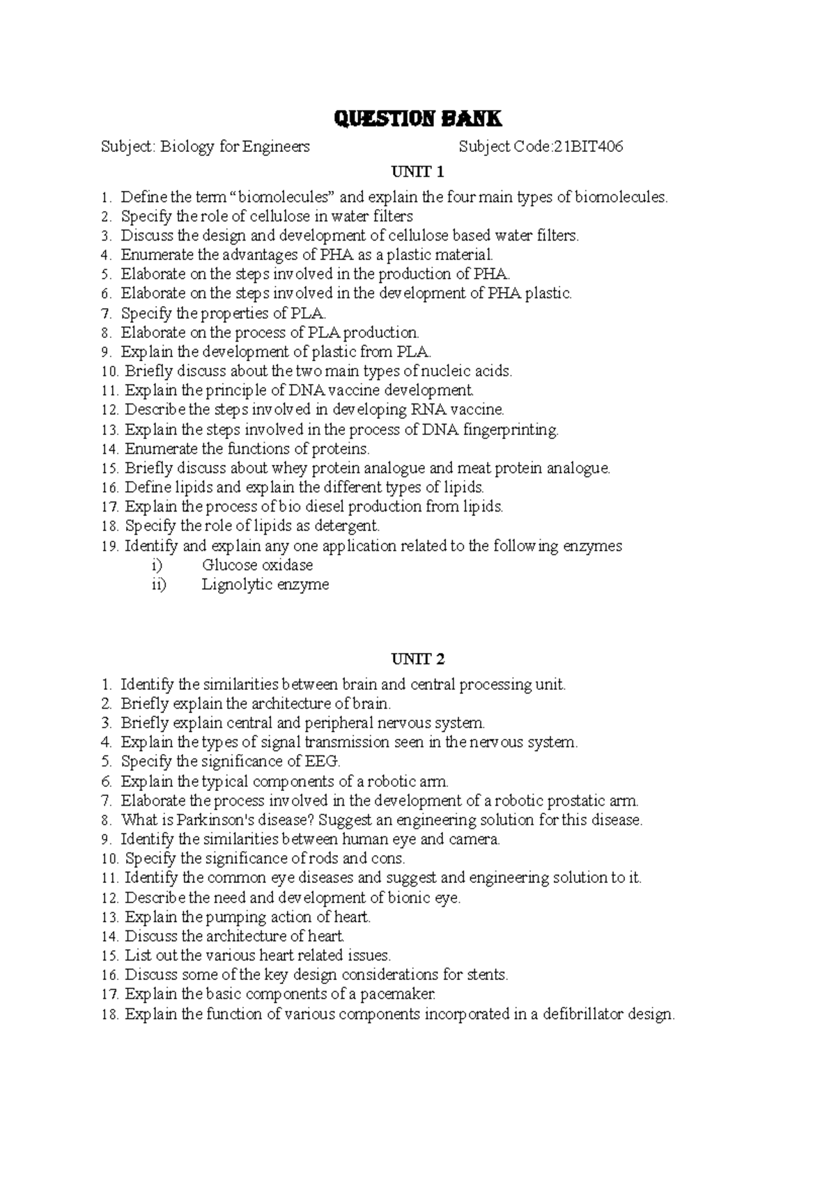 Biology For Engineers Unit-1-2-Question Bank - Question Bank Subject: Biology for Engineers ...