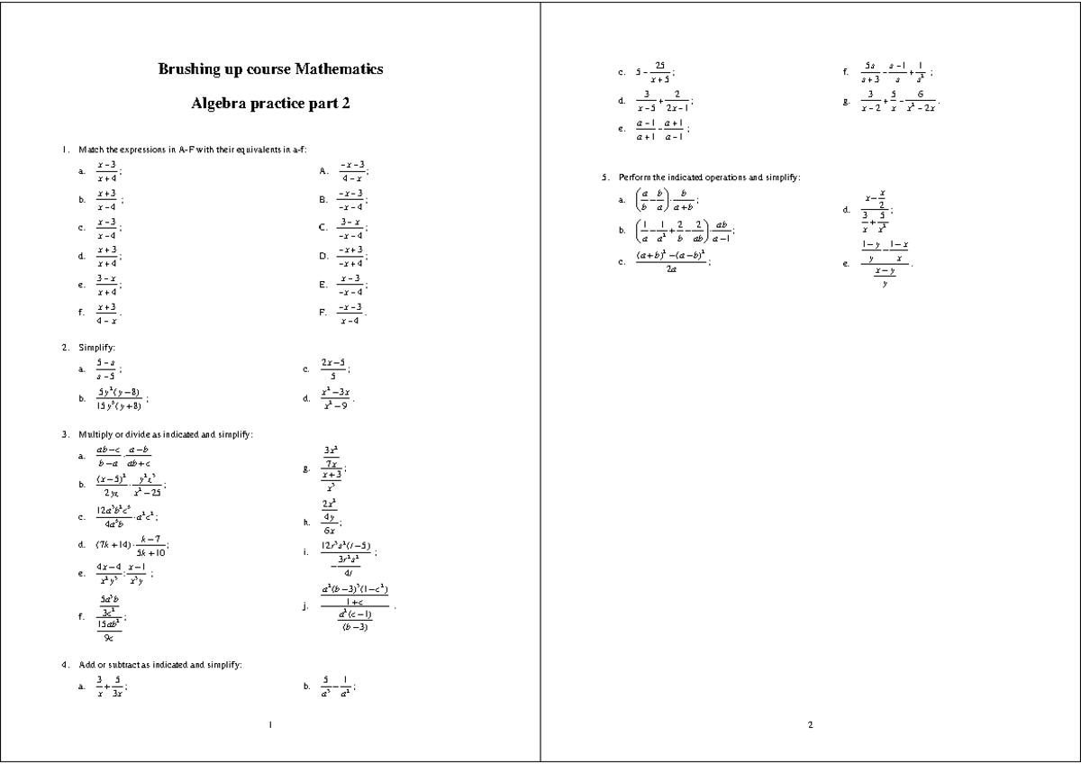 4 Algebra-practice-2-exercises(1) - 1 Brushing up course Mathematics ...