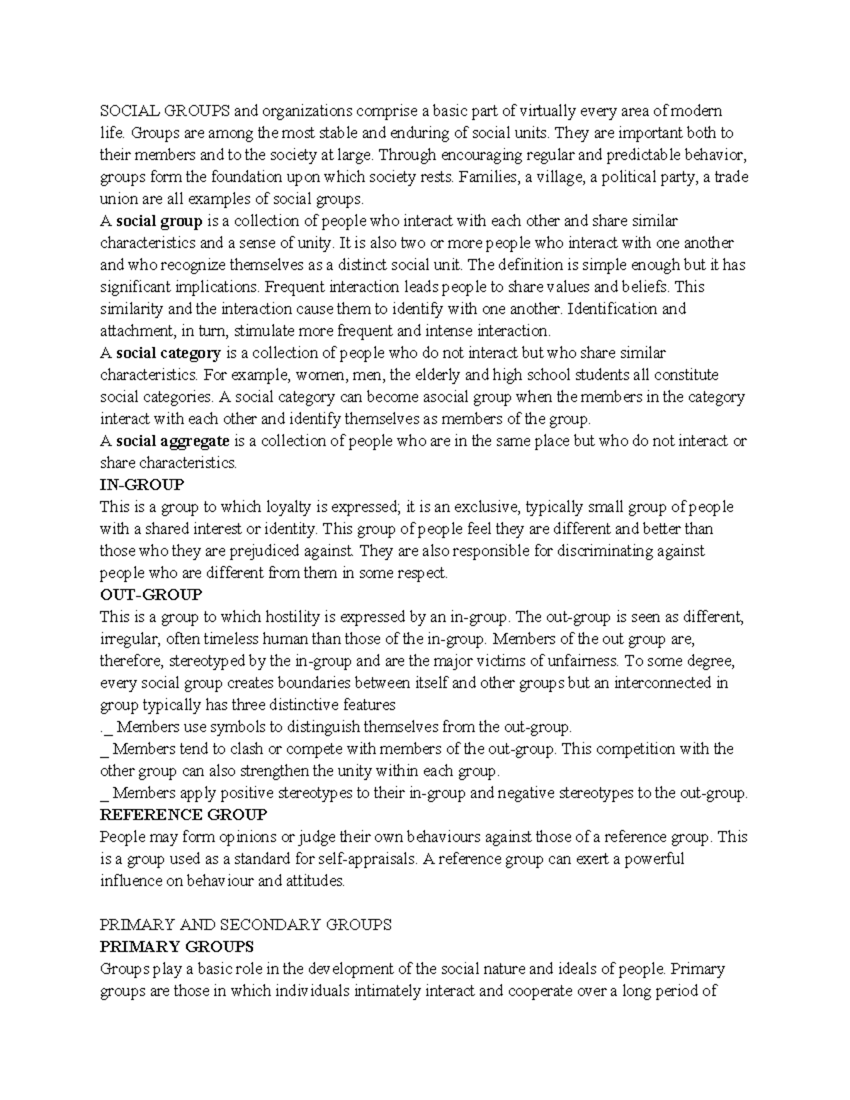 Social Groups Notes - SOCIAL GROUPS and organizations comprise a basic ...