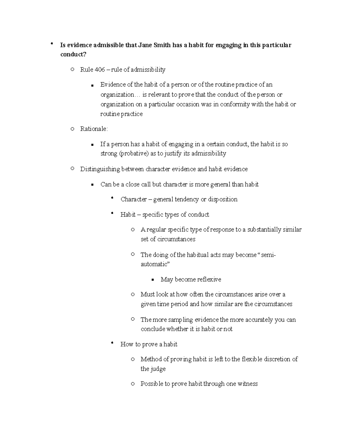 Notes ON Habit Evidence 2020 - Is evidence admissible that Jane Smith ...