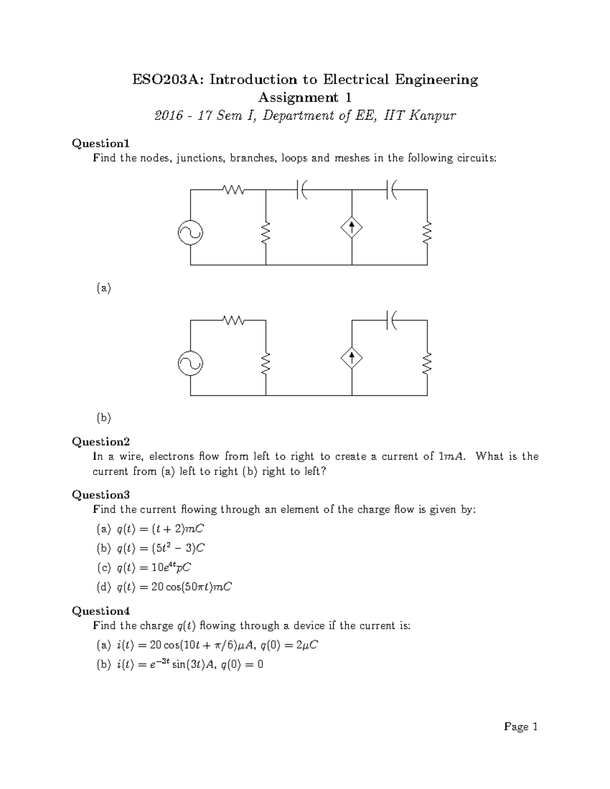 Assignment 1 - ESO203A: Introduction to Electrical Engineering Assignment 1 2016 - 17 Sem I ...